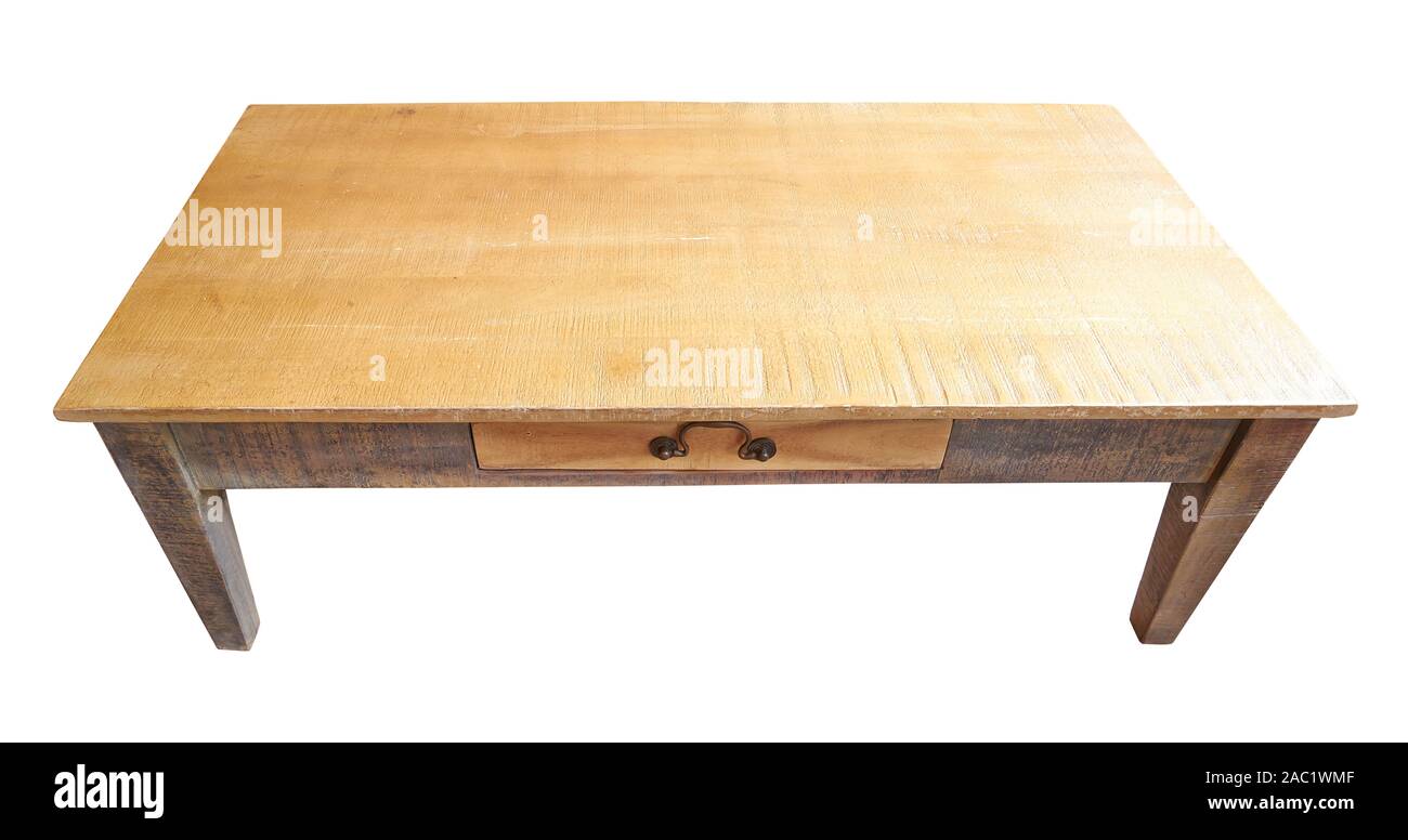 Rustic low table with shelf in natural light isolated on white with ...