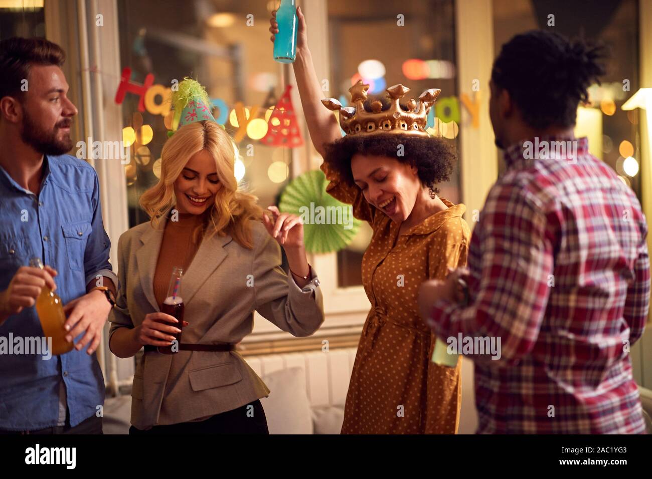 Happy people having a party,friends celebrating birthday Stock Photo ...