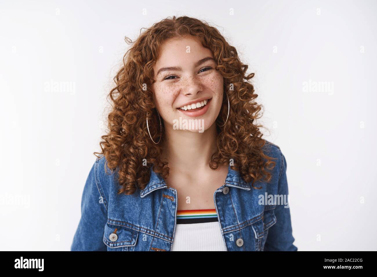 Charming lucky queer european girl ginger curly-haired freckles pimples ...
