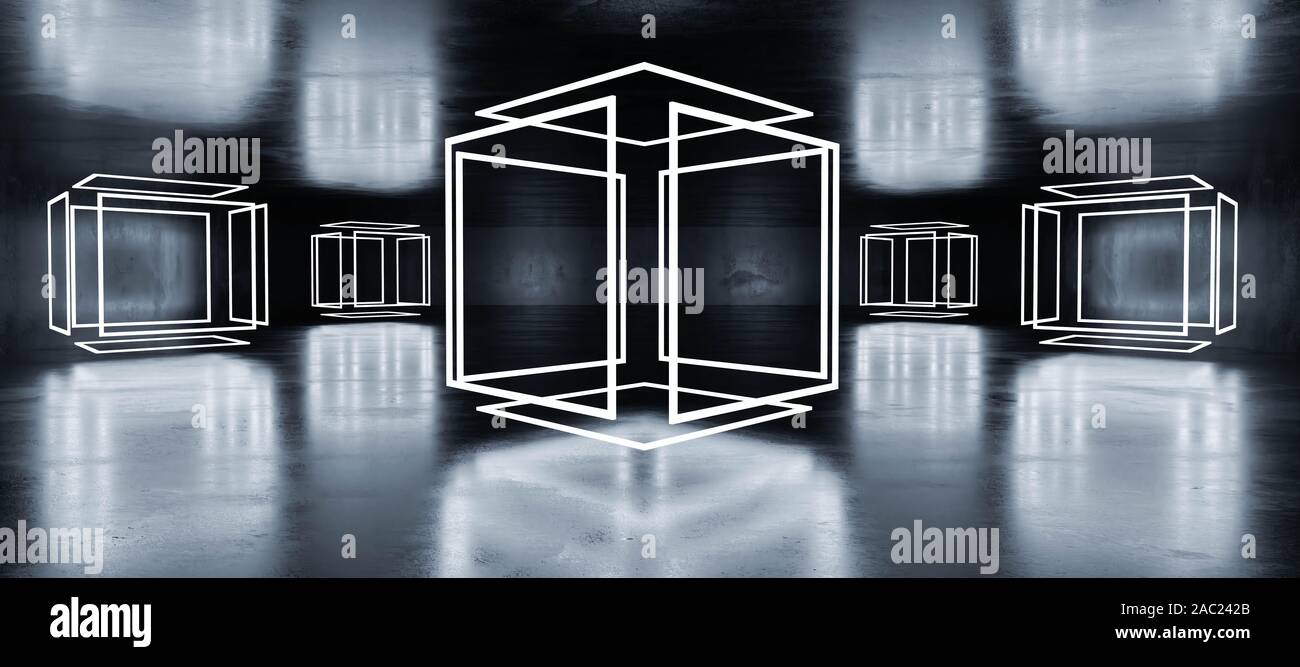 Underground concrete basement with modern abstract blue lighting forms ...