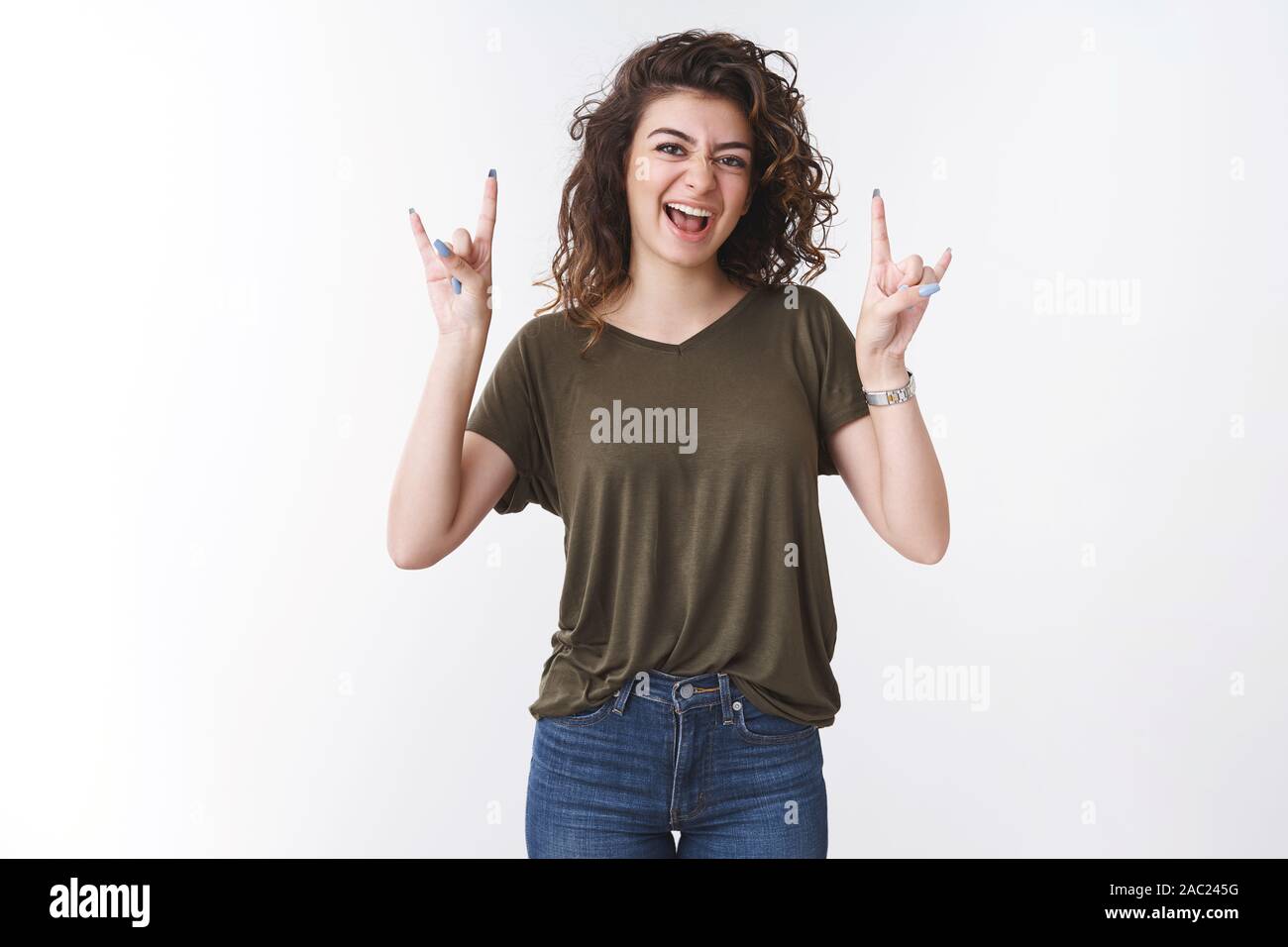 Yeah I am awesome. Portrait carefree rebellious daring young woman ...