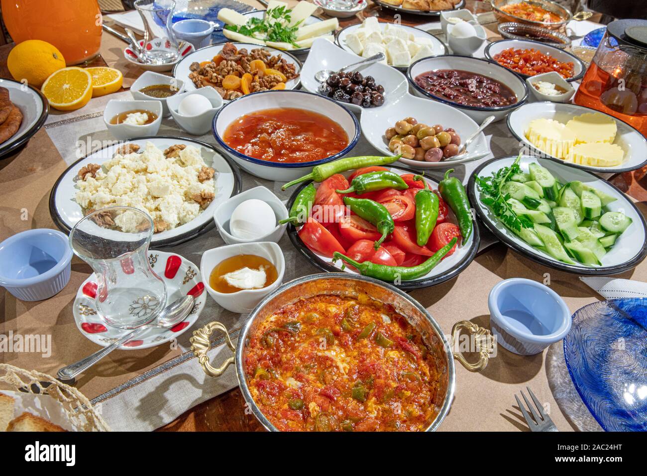 Traditional village Turkish Breakfast at the wooden table. Colorful ...