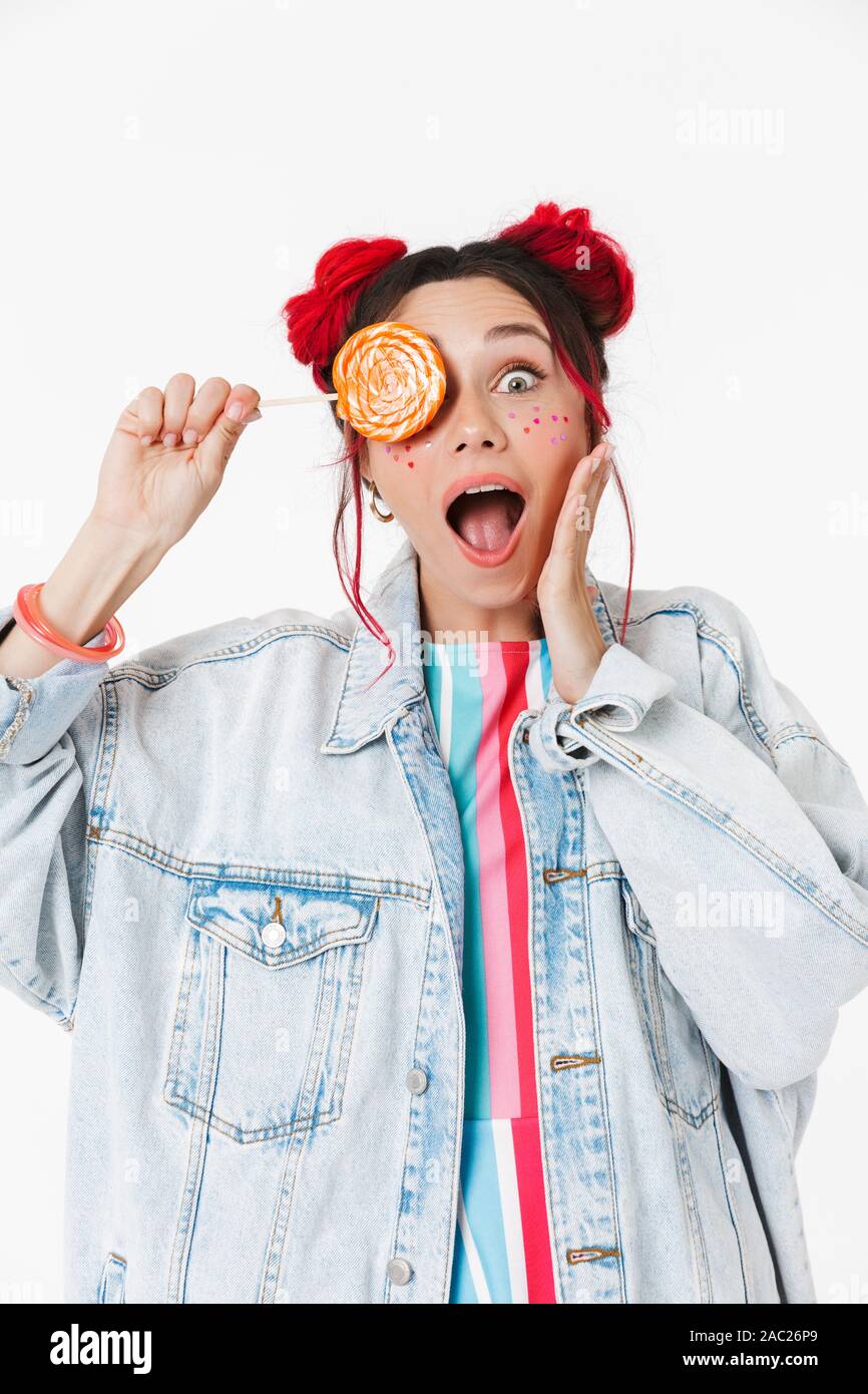 Image of delighted caucasian woman with freckles covering her eye ...