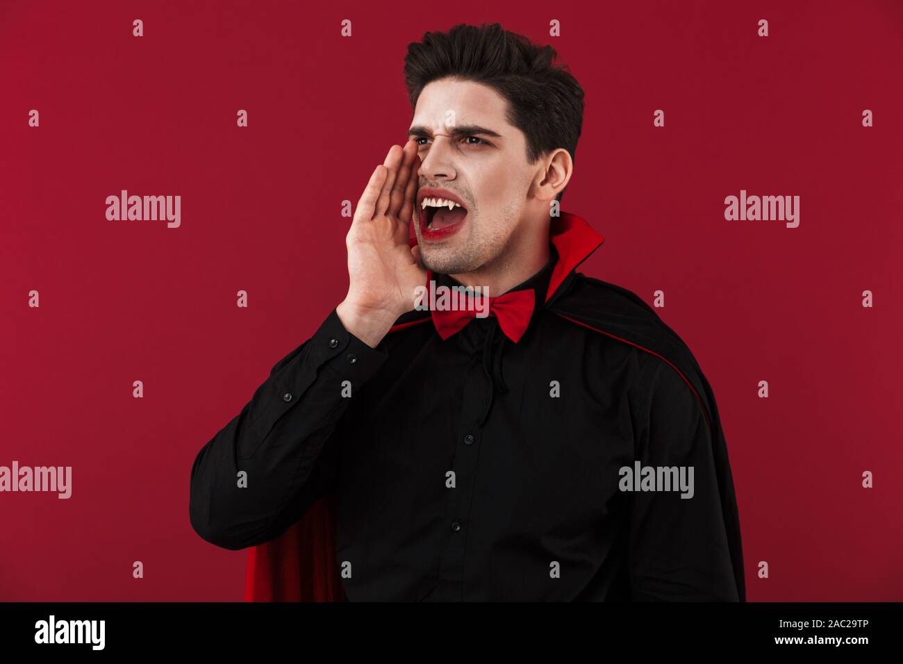 Image of vampire man with fangs in black halloween costume screaming ...