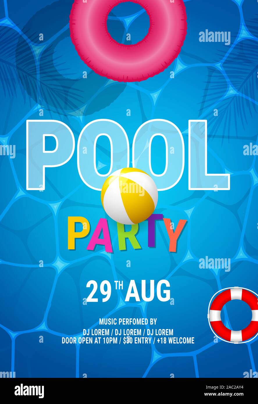 Pool summer party invitation banner flyer design. Blue water vector ...