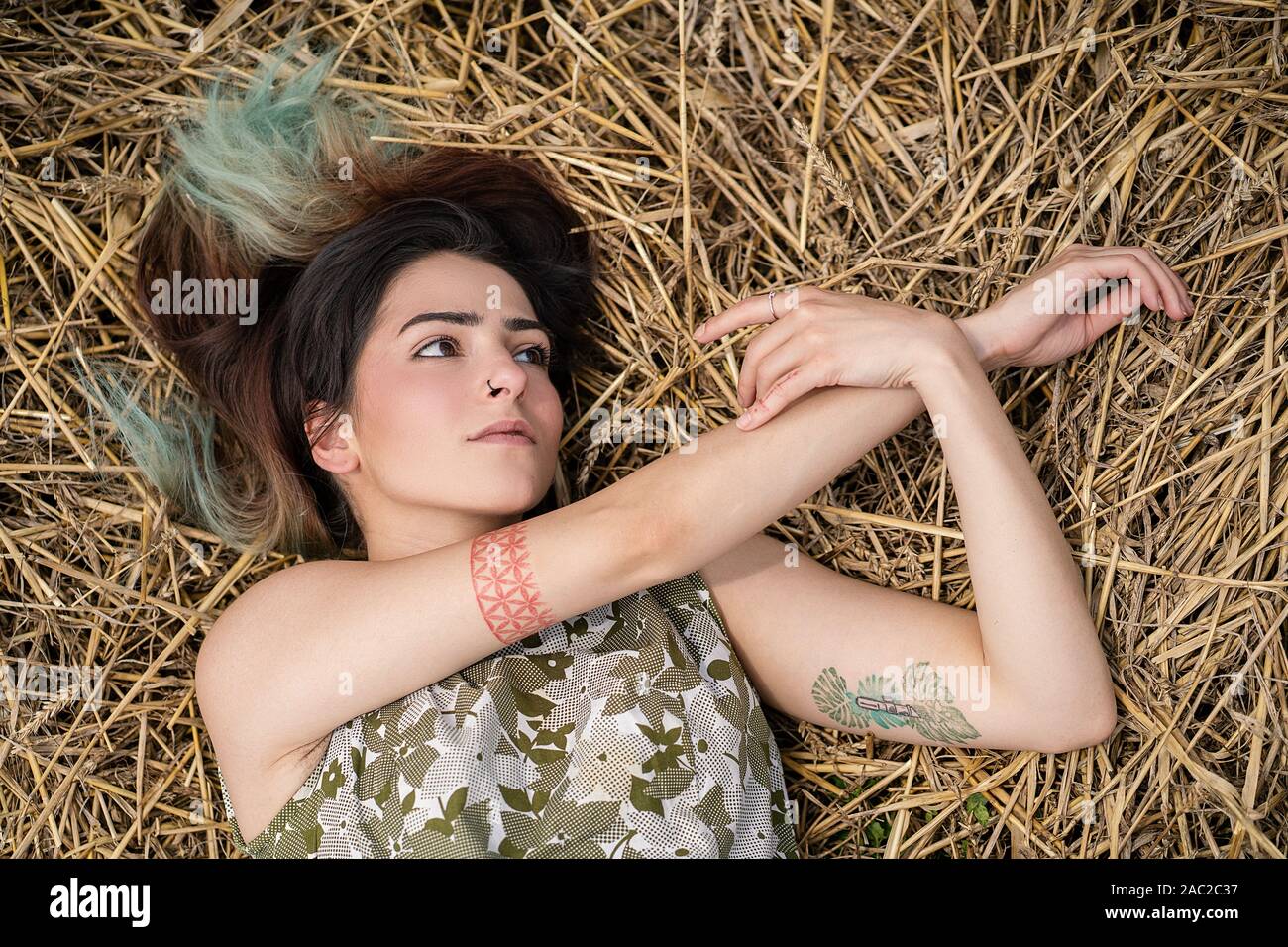Girl lying in a wheat field and posing on hay dry grass, summer season ...