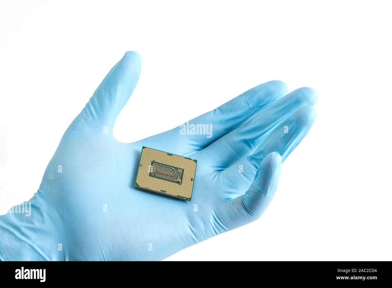 Computer master hand in blue glove holds cpu processor chip. Close-up ...