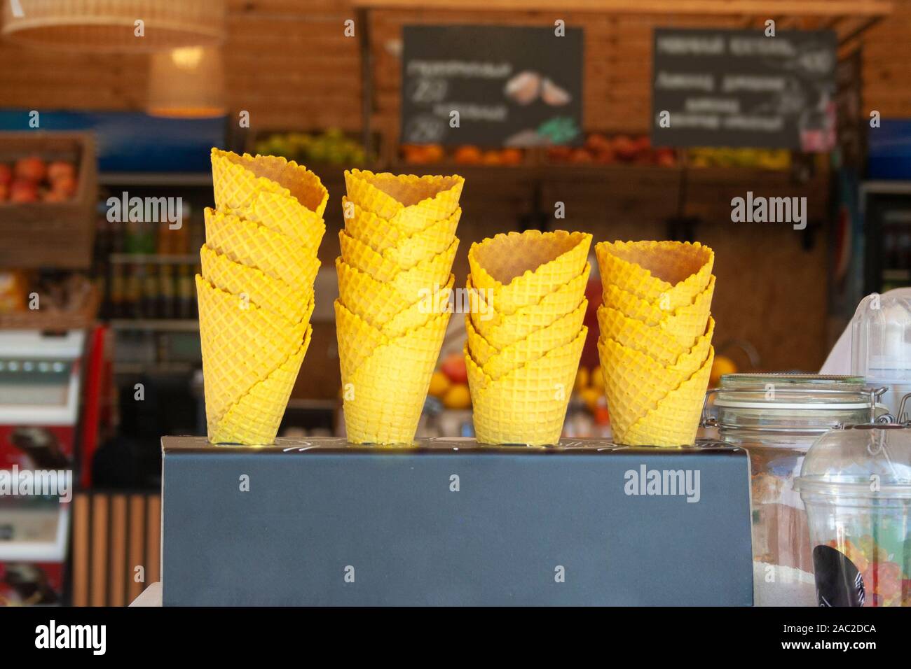 Ice cream cones on street ice cream shop in summer day. Ice cream cones ...
