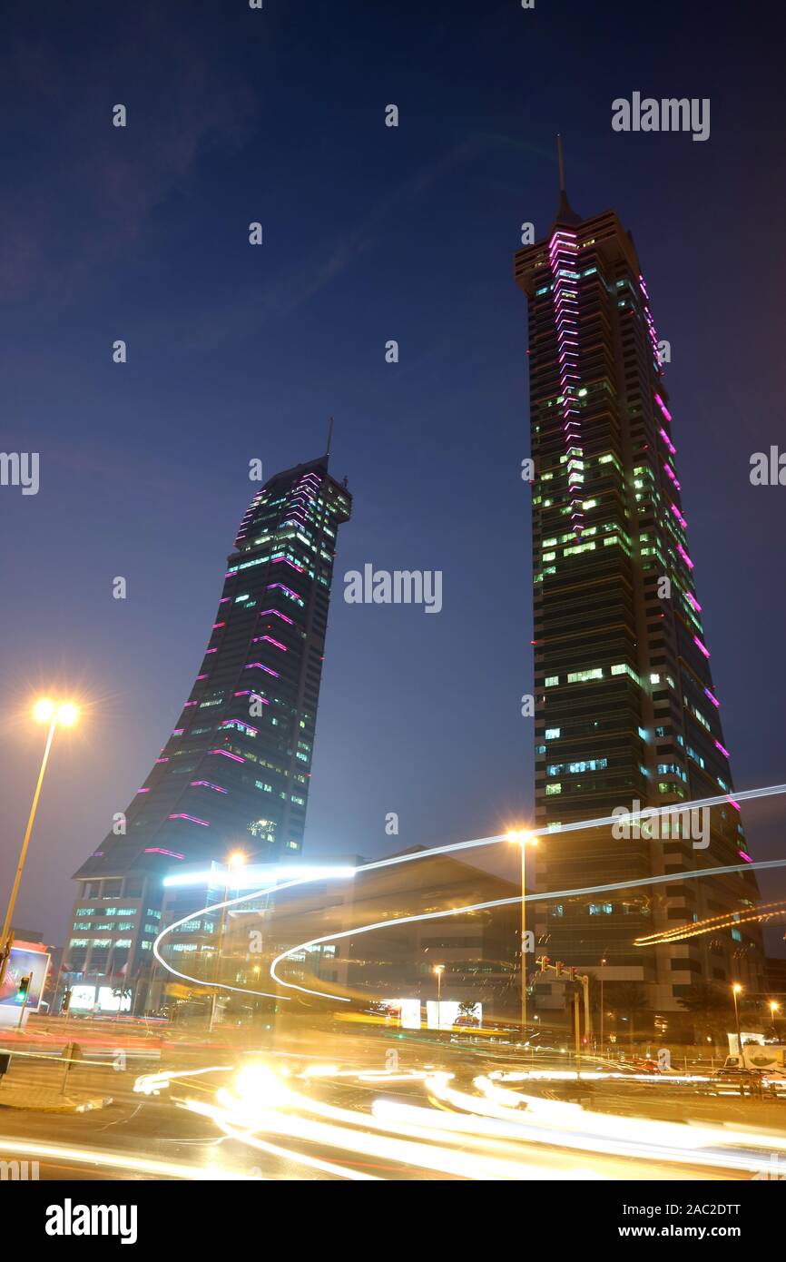 Manama City at Night with Bahrain Financial Harbour Towers and Car ...