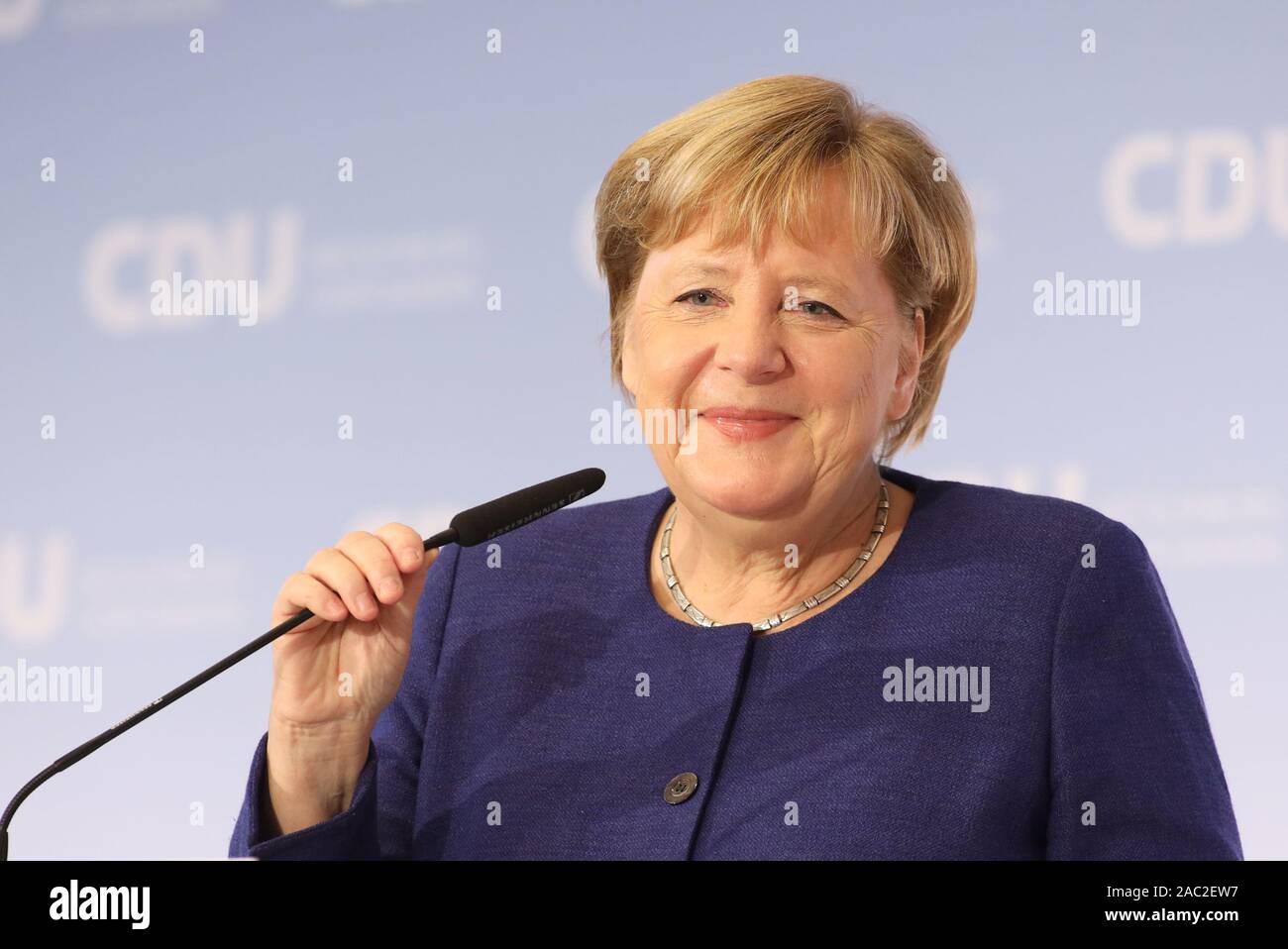 Binz, Germany. 30th Nov, 2019. Chancellor Angela Merkel (CDU) speaks at the 35th state party ...