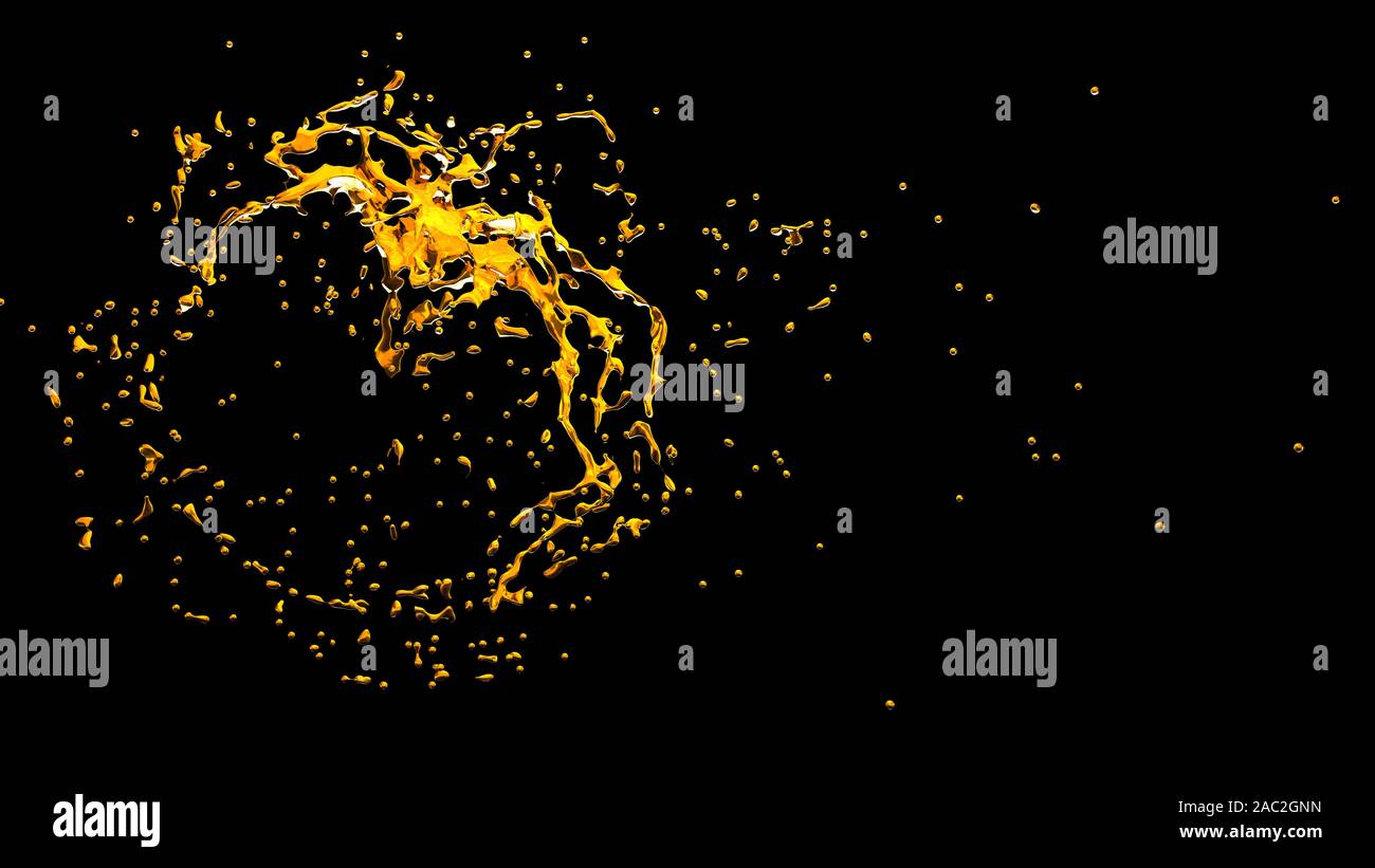 Isolated golden splash on a black background in the form of a circle ...
