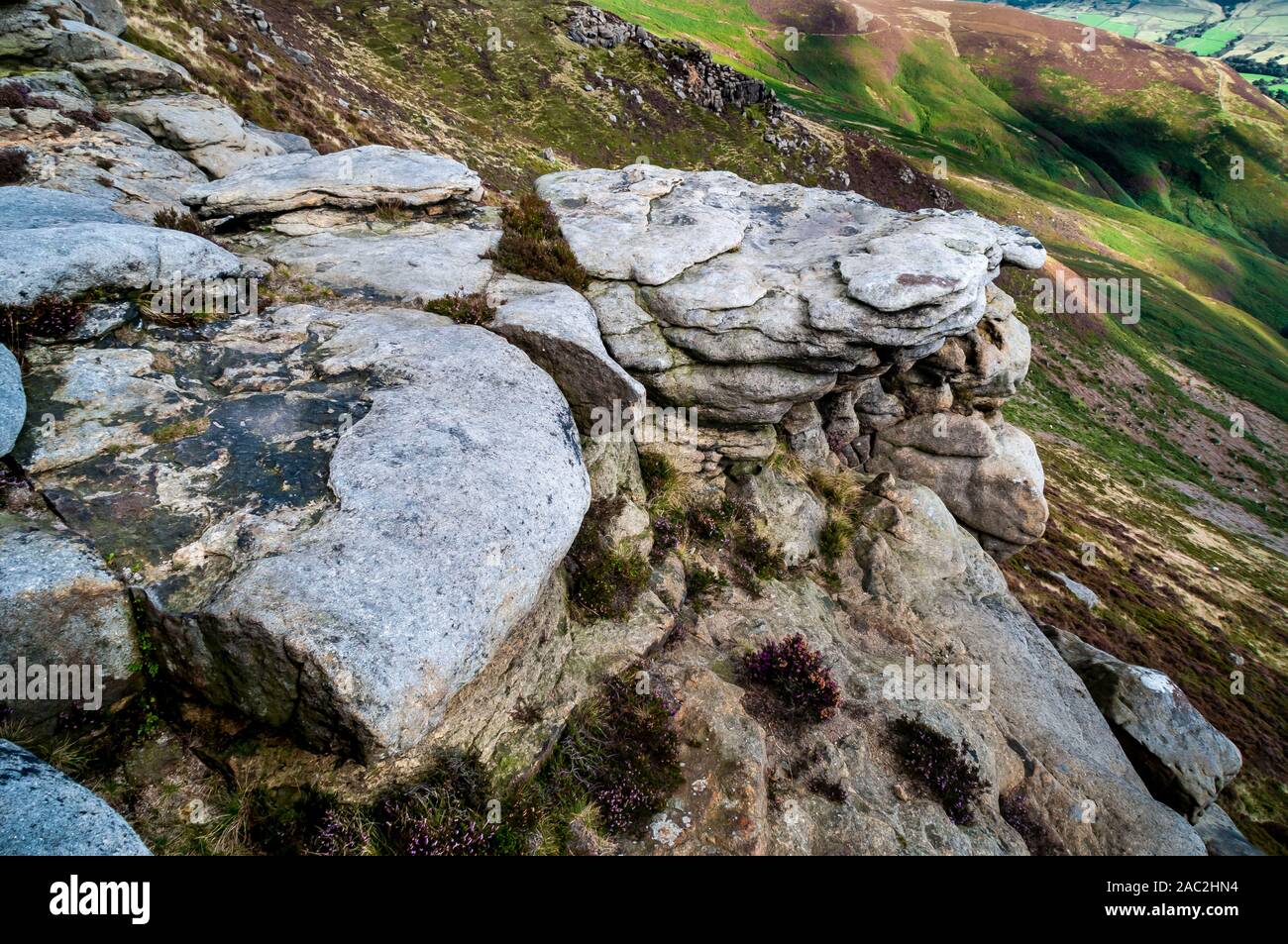 Top of a gritstone slab on Kinder Edge Stock Photo - Alamy