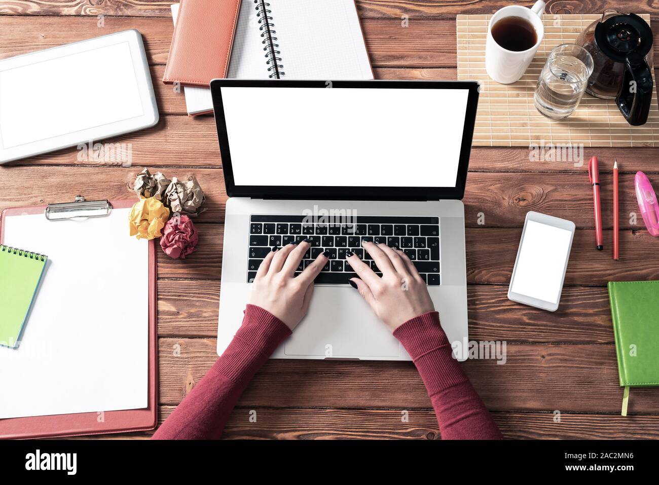 Flat lay woman working at computer Stock Photo - Alamy