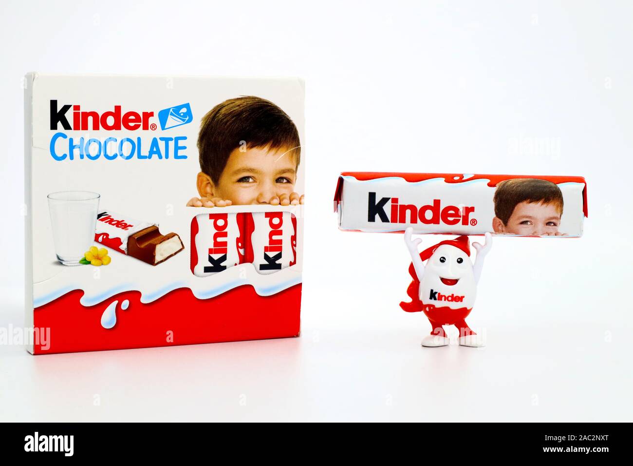 Kinder Chocolate Bars with Kinderino Eggman Mascot. Kinder is a brand ...