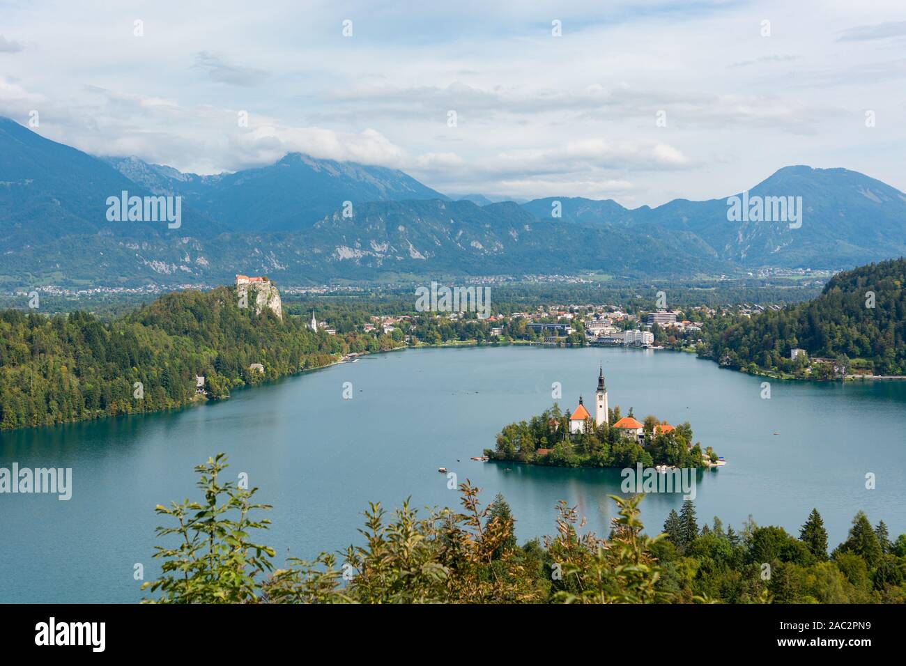 Spectacular landscape with island with church on lake Stock Photo - Alamy