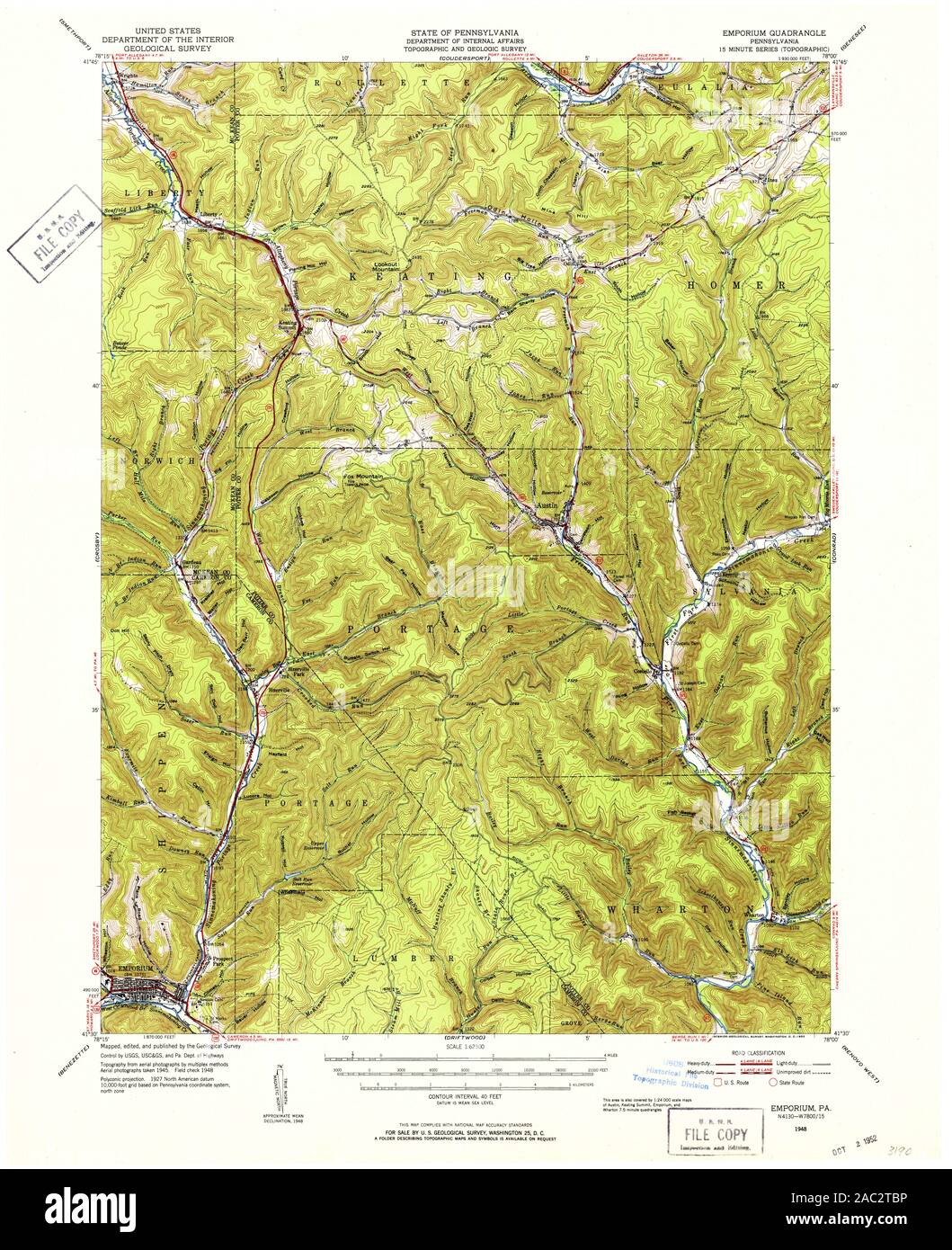 USGS TOPO Map Pennsylvania PA Emporium 172607 1948 62500 Restoration ...