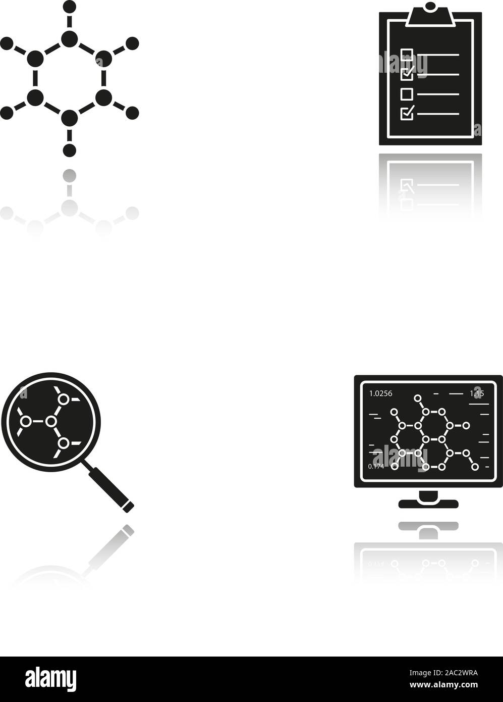 Science lab drop shadow black icons set. Molecule, laboratory computer ...