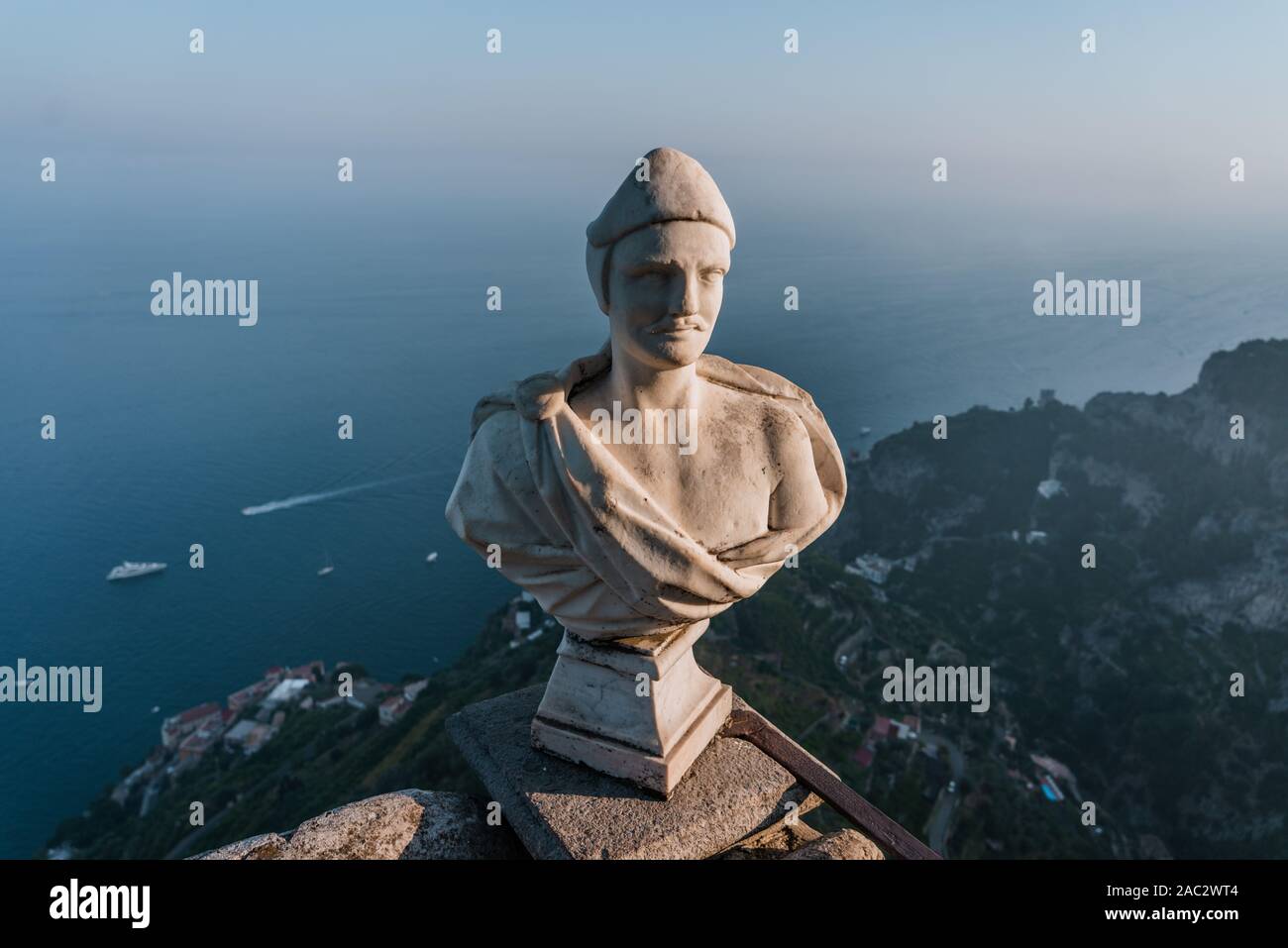 Historic statue in sunset at terrace of infinity, Villa Cimbrone, in ...