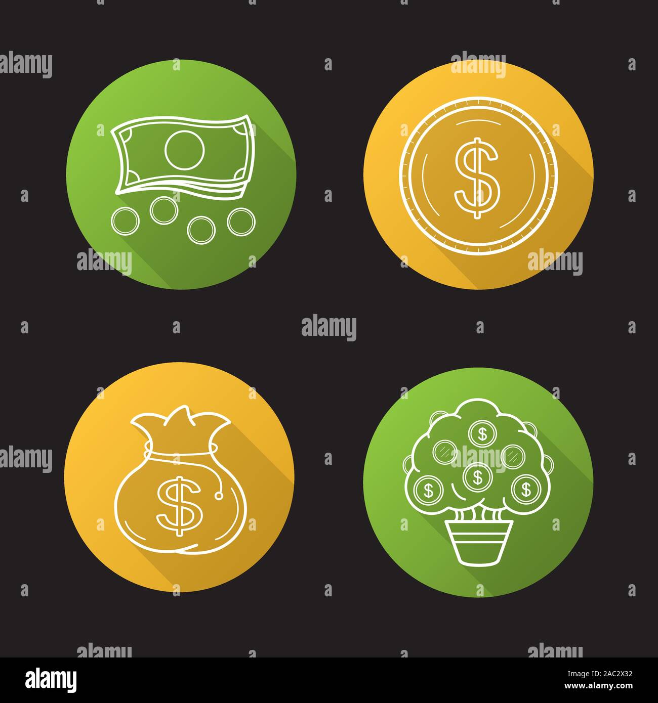 Money flat linear long shadow icons set. Dollar coin, cash, bank money ...