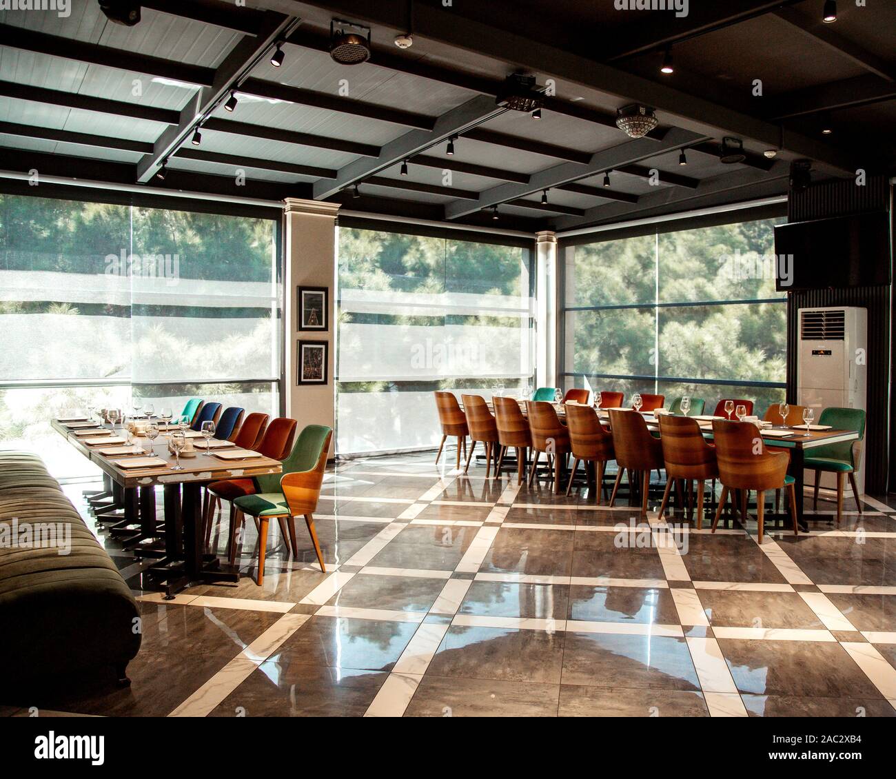 restaurant with a beautiful view of the forest Stock Photo - Alamy
