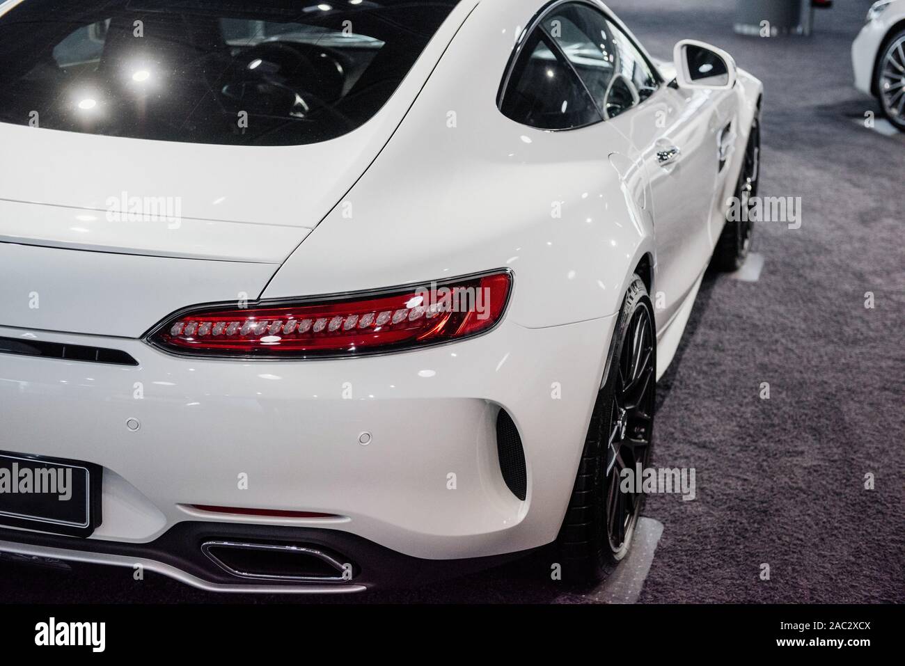 Top view. Photo of the back of modern white colored beautiful car ...