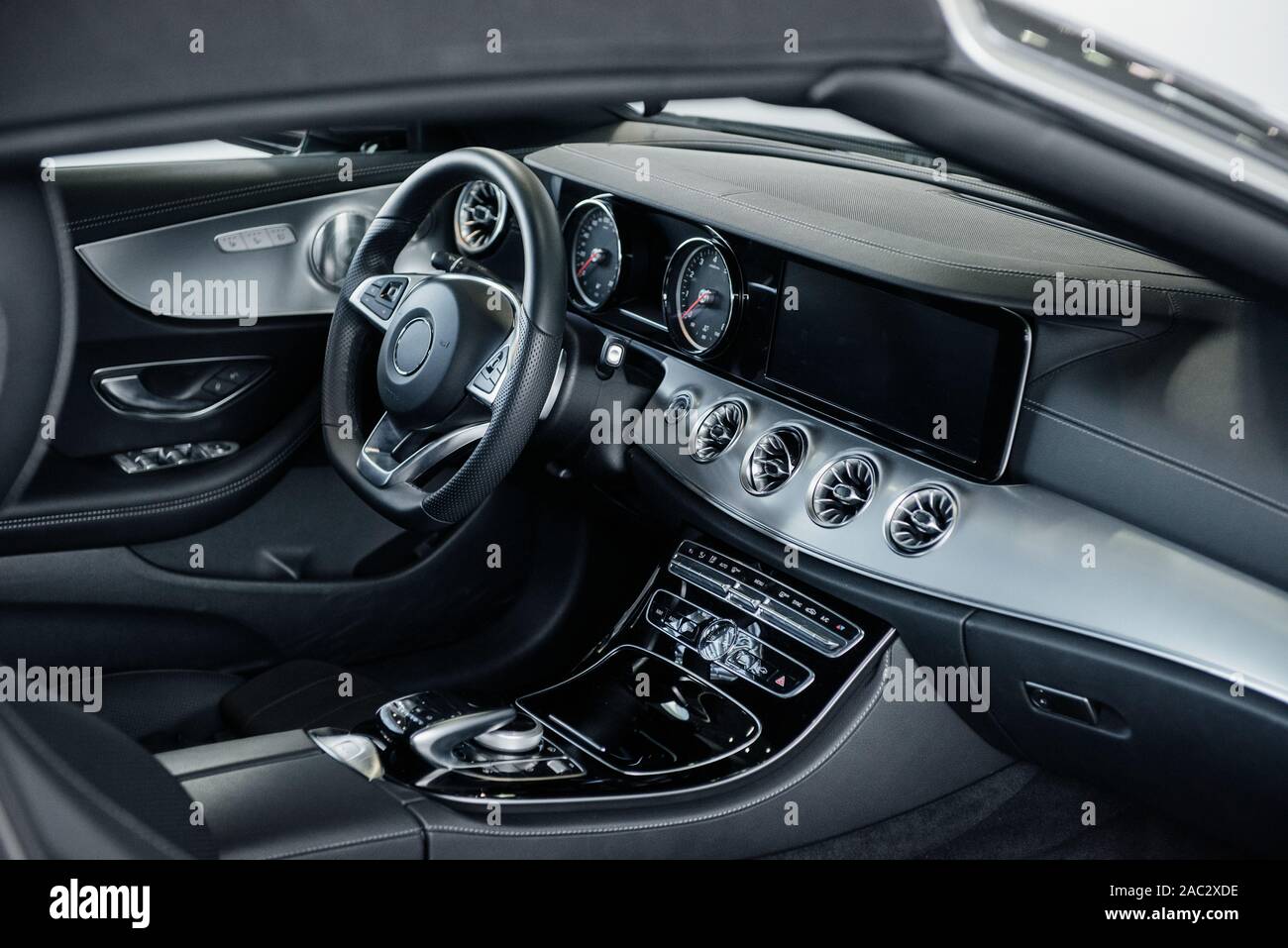 Driver's seat. Inside of the modern car. Steering wheel and front ...