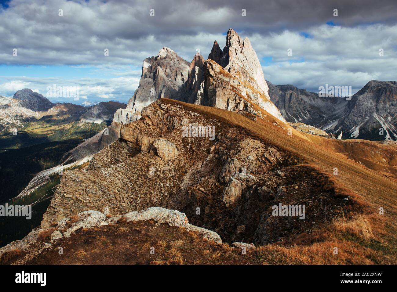 Near the edge. Outstanding hills of the Seceda dolomite mountains at ...