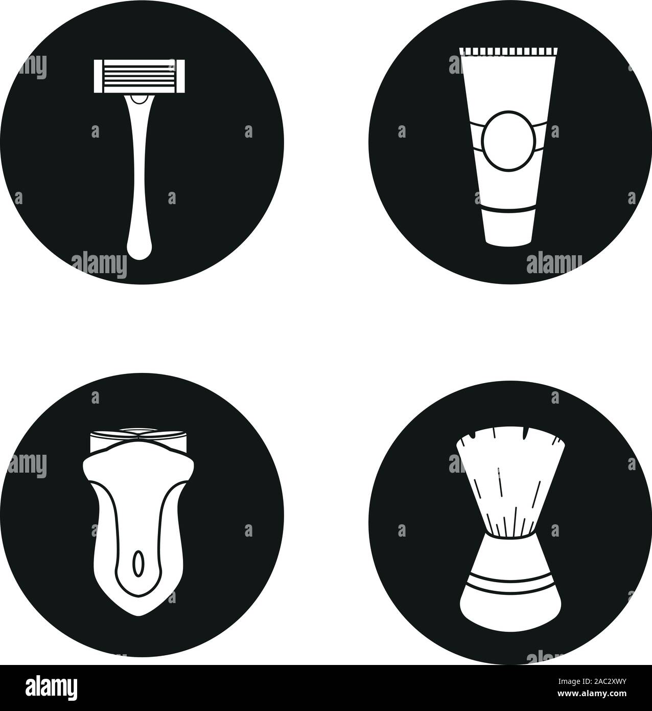 Shaving accessories icons set. Electric shaver, aftershave cream tube ...