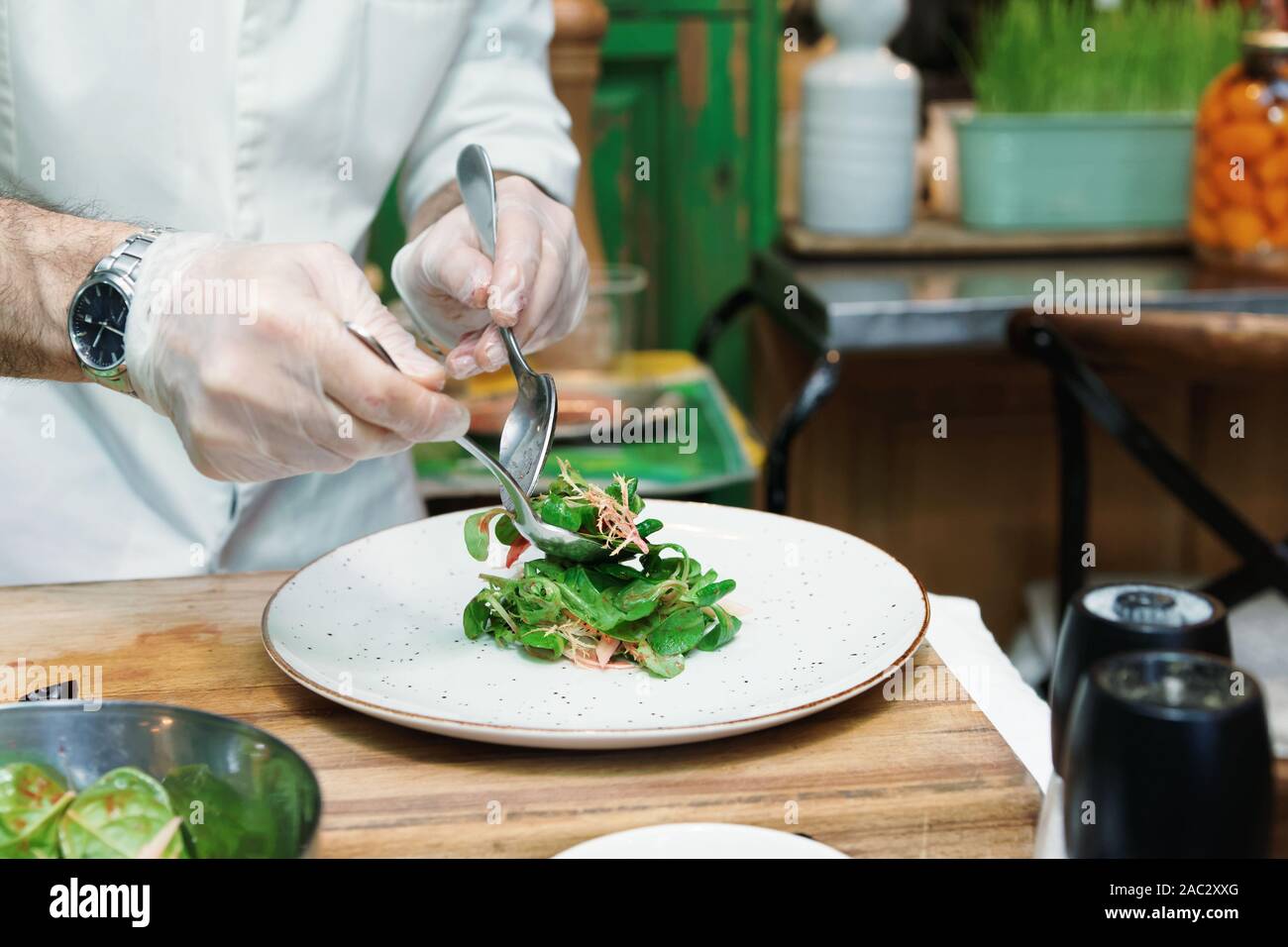 Professional chef is serving vegetable starter, toned image Stock Photo ...