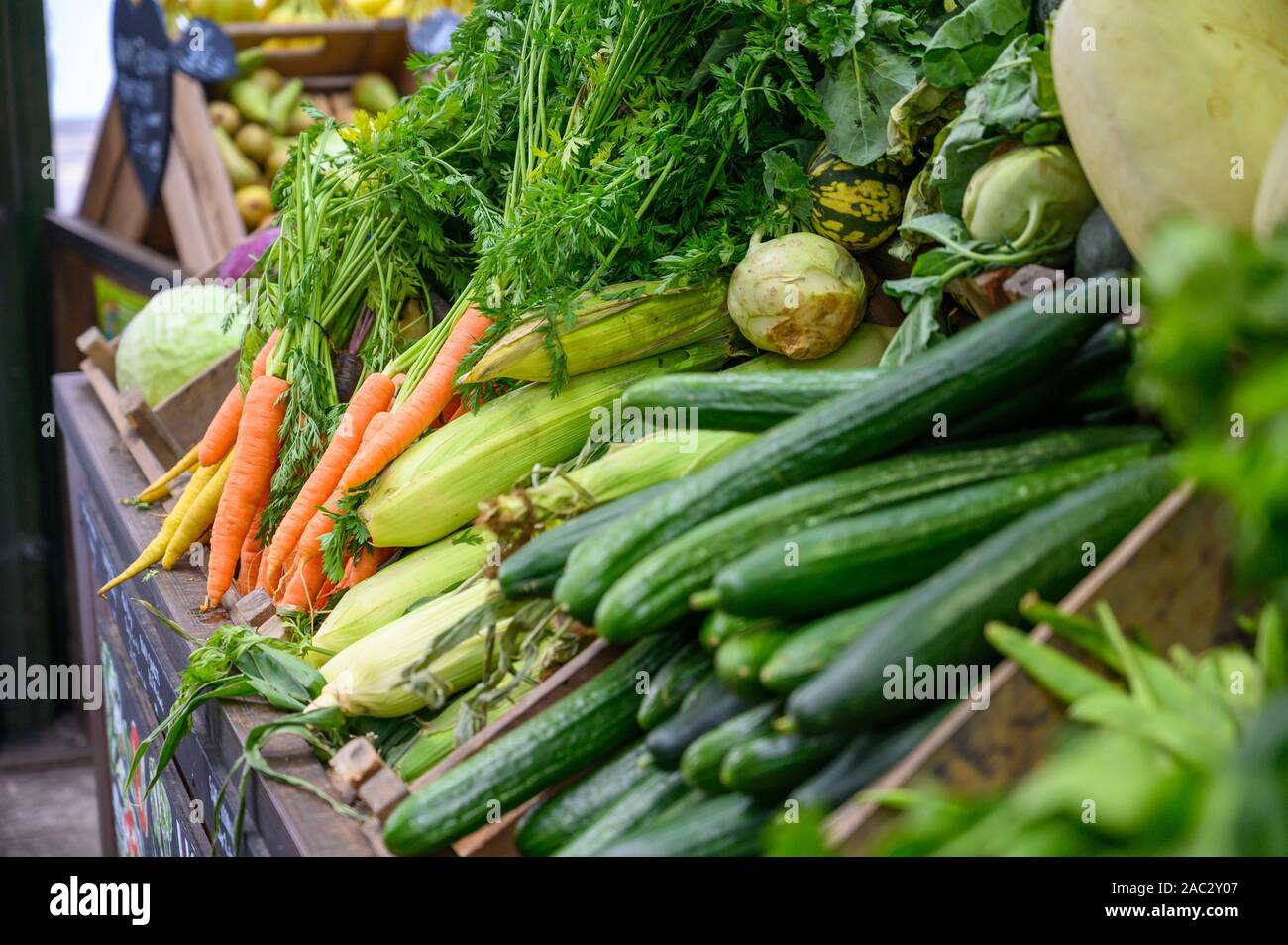Various vegetables on display at a fruit and veg stall in Borough ...