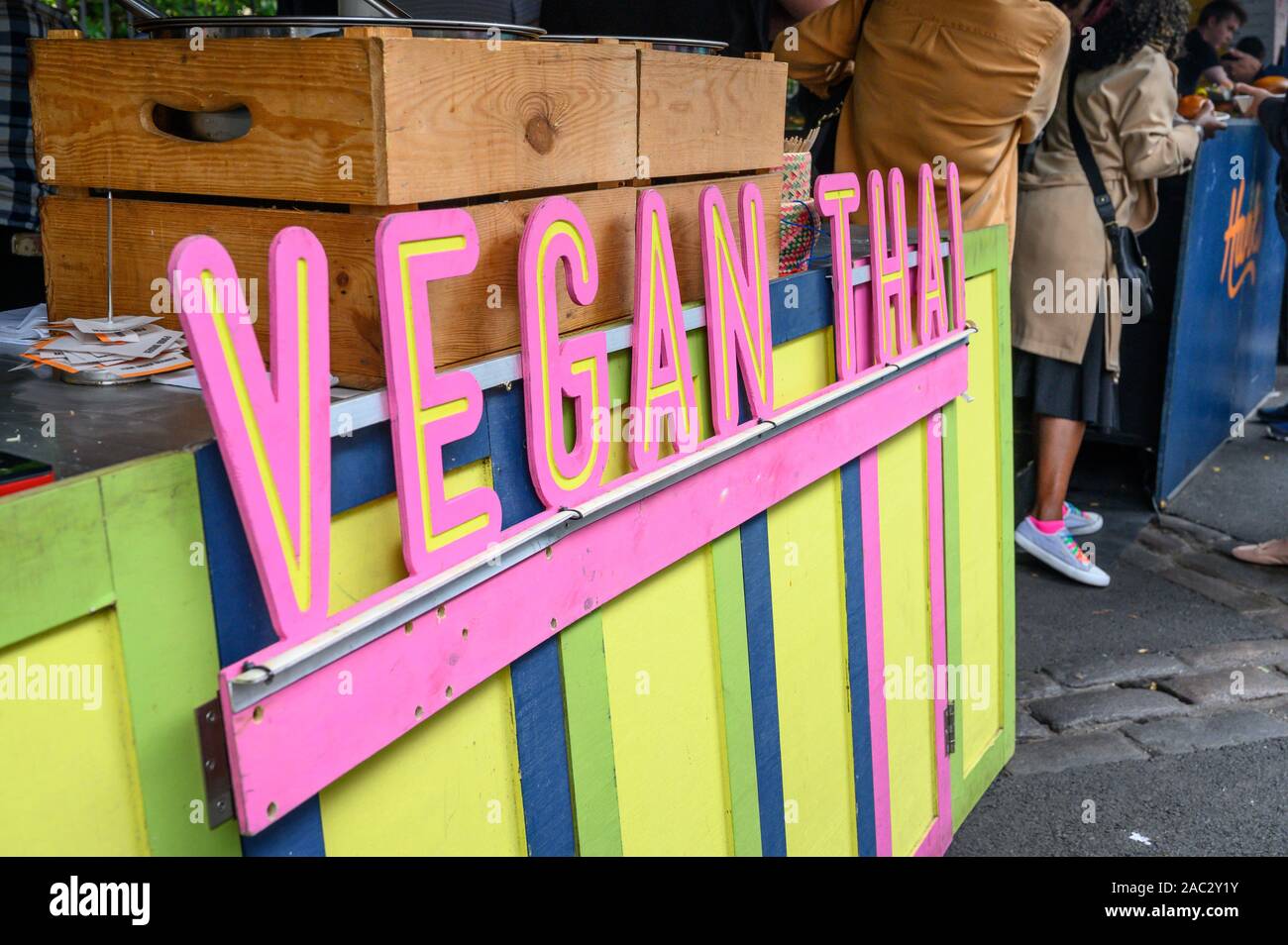 LONDON - SEPTEMBER 27, 2019: Sign advertising Vegan Thai food at a ...