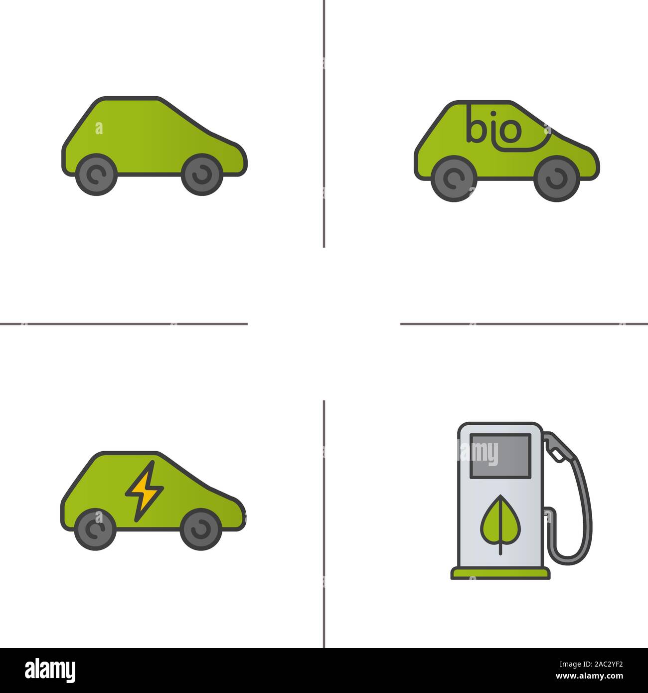 Eco friendly cars color icons set. Green, bio, electric vehicles, eco ...