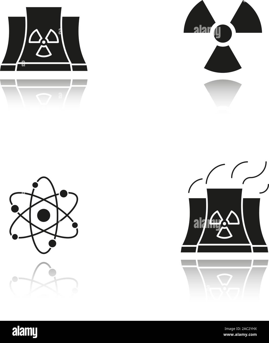 Atomic energy drop shadow black icons set. Nuclear power plant with smoke, radiation and atom ...