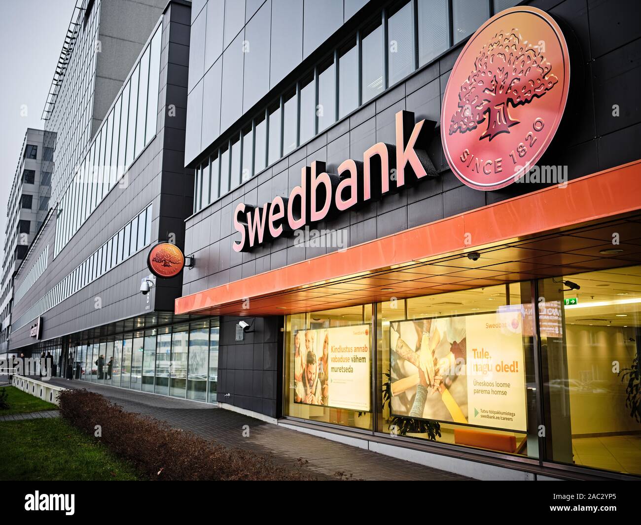 Swedish bank (Swedbank) logo seen on Swedbank Estonia headquarters ...
