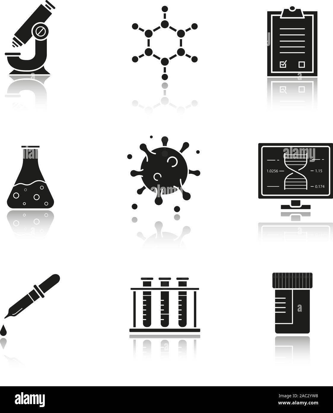 Science laboratory drop shadow black icons set. Microscope, molecular ...