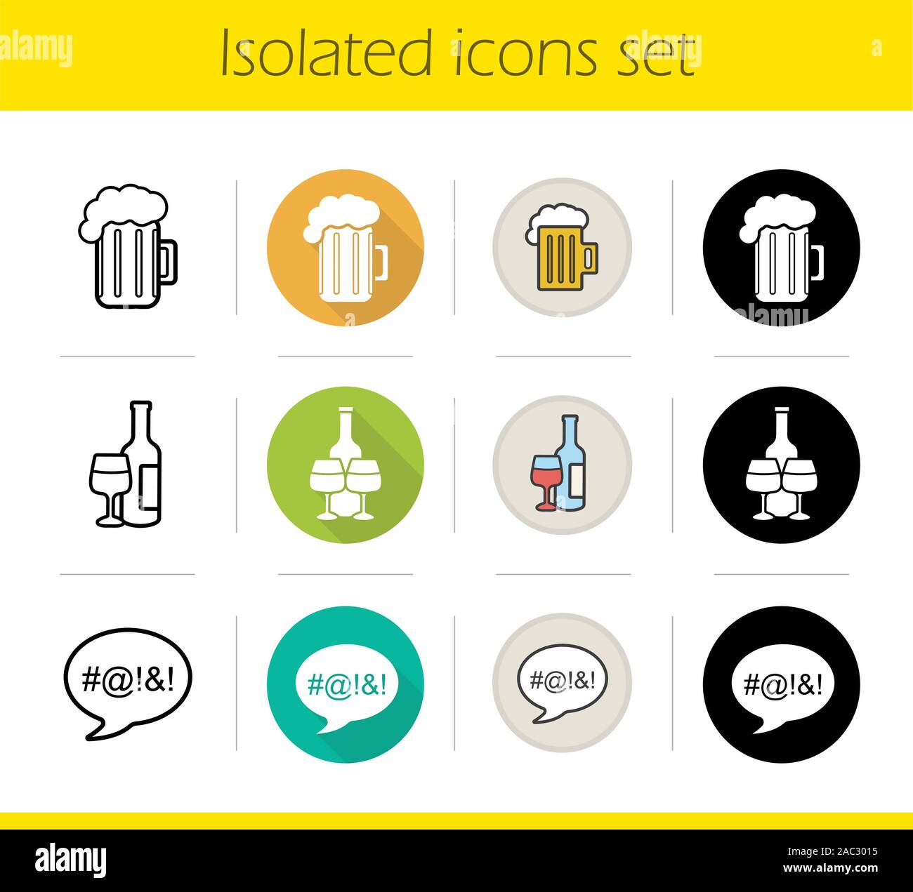 Alcohol addiction icons set. Flat design, linear, black and color ...