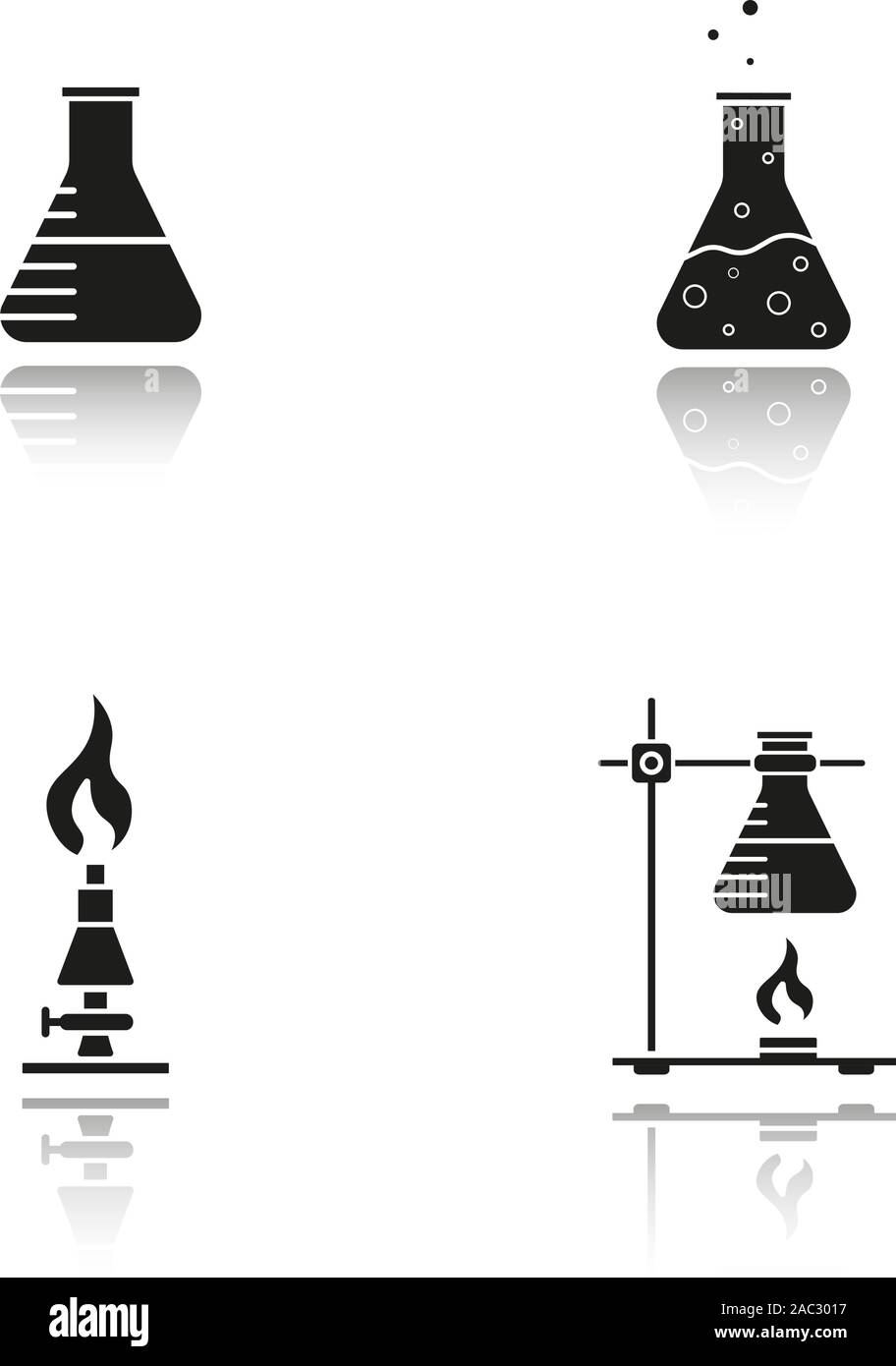 School chemistry lab equipment drop shadow black icons set. Beaker with ...