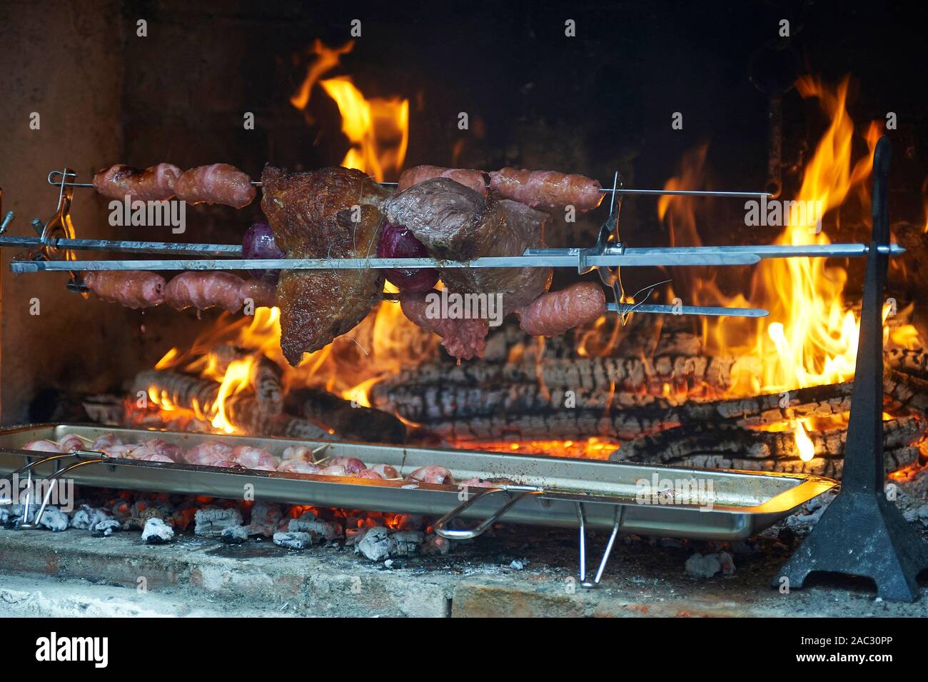 grilled meat in an old barbecue, cooking over solid-fuels Stock Photo ...