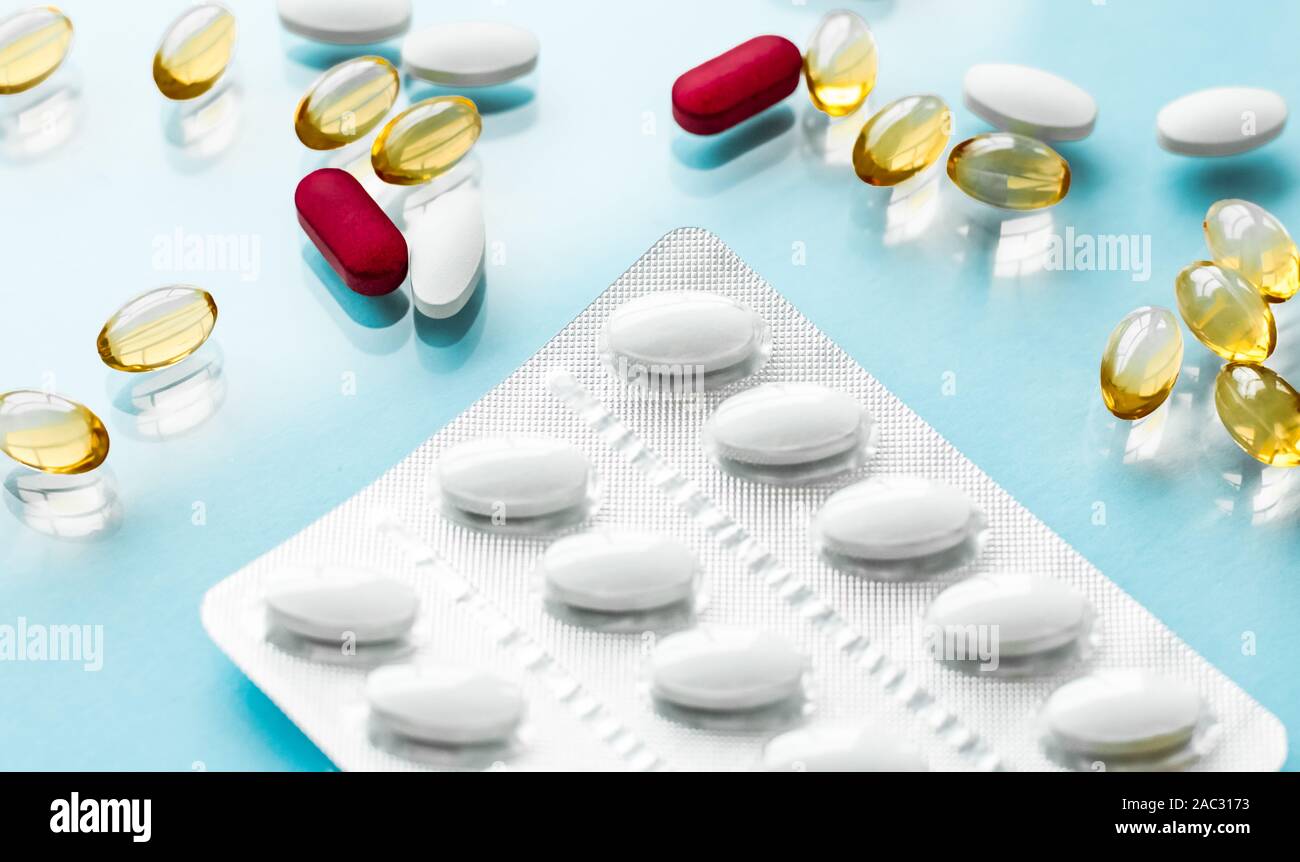 Pharma, branding and lab concept - Pills and capsules for diet ...