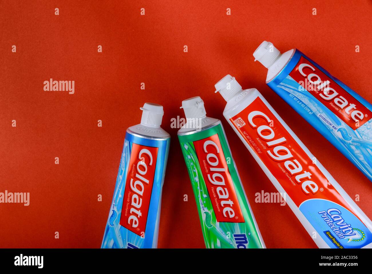 New York NY NOV 29 2019: Isolated with red background of Colgate ...