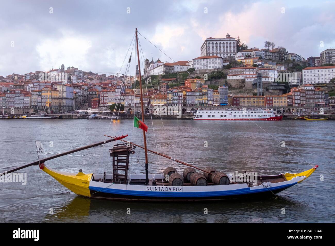Traditional flat bottomed boat known as a Rabelo Boat, on the Douro ...
