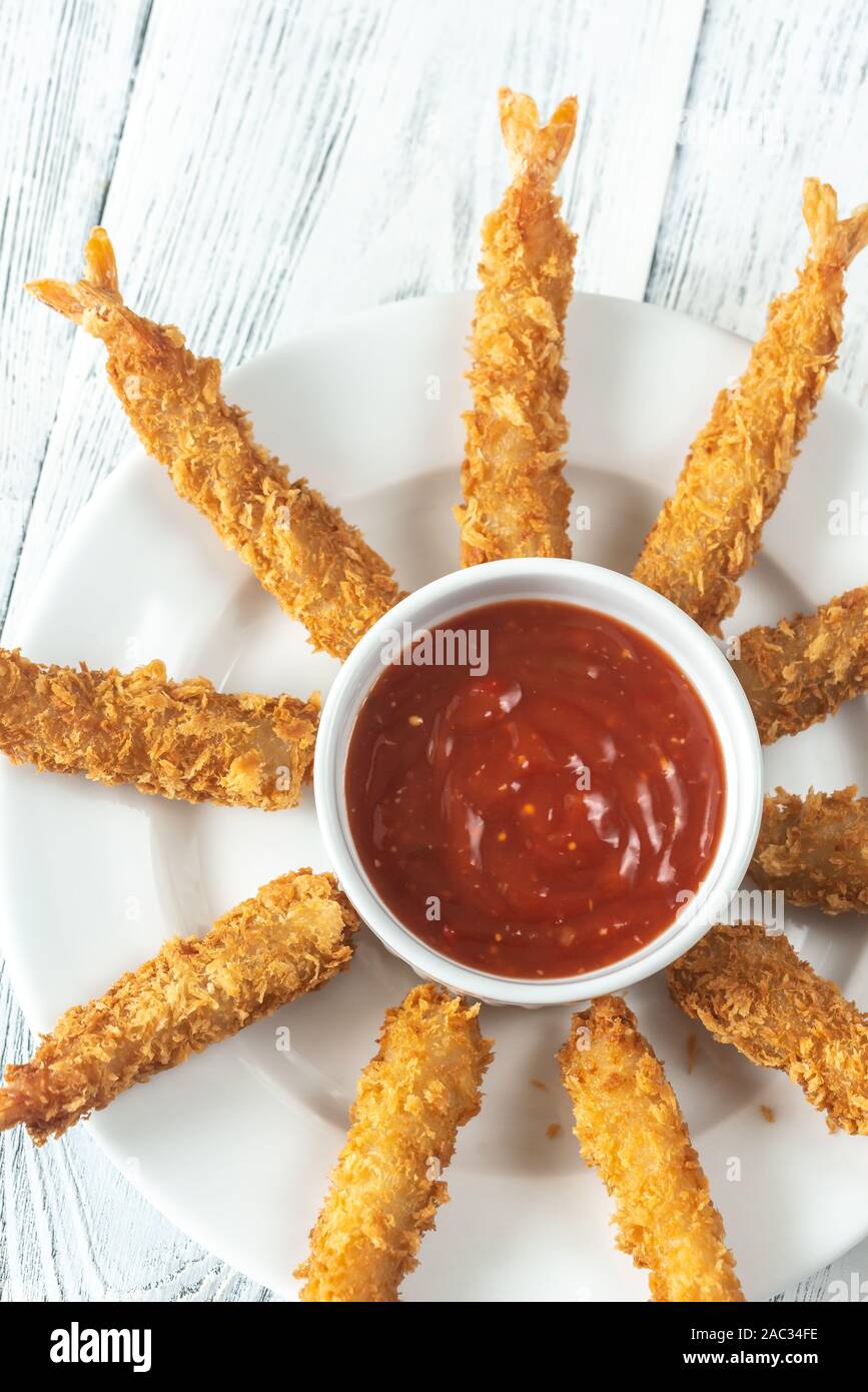 Shrimp tempura with sauce on the plate: top view Stock Photo - Alamy
