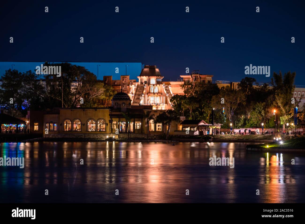 Orlando, Florida . November 18, 2019. Mexico Pavillion on blue night ...