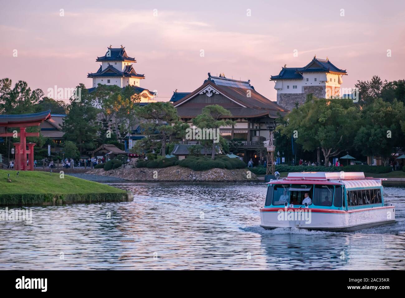 Orlando, Florida . November 18, 2019. Taxi boat and Japan Pavillion on ...