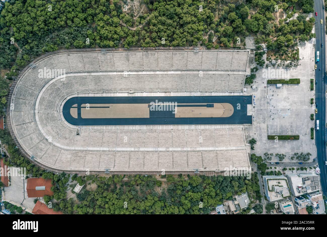 Overhead aerial drone shot of Panathenaic marble stadium in Pangrati ...