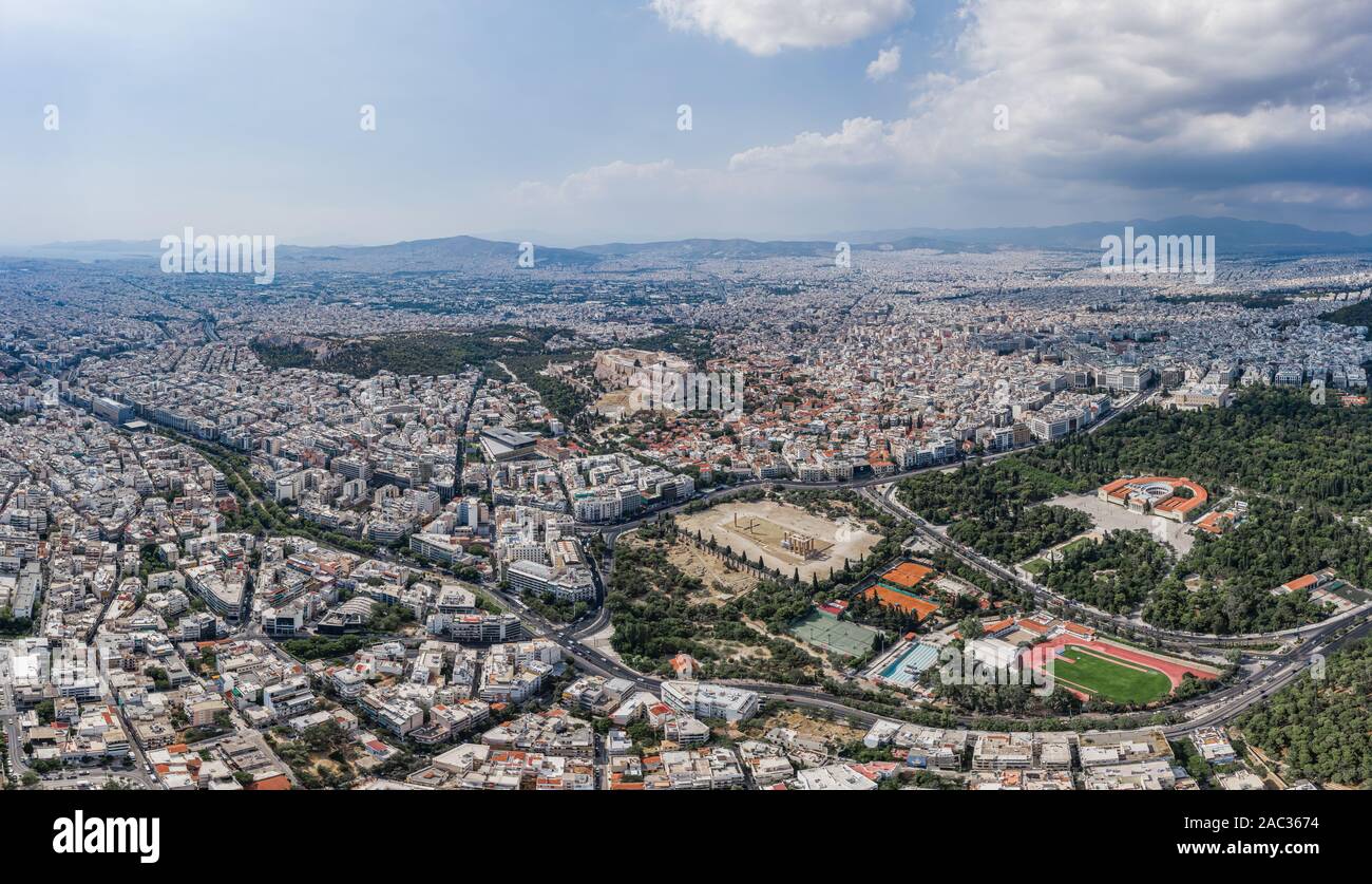 Aerial panoramic drone shot of Acropolis of Athens, Zeus Olympion ...