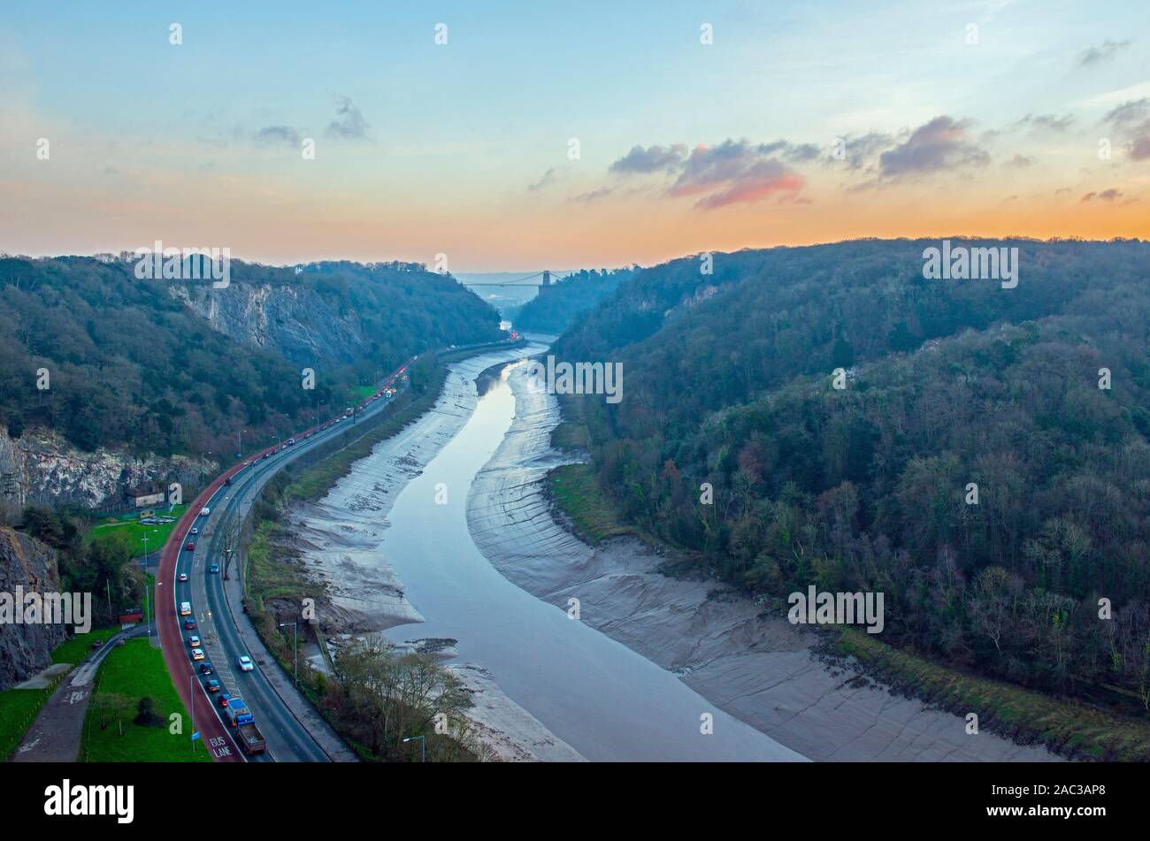 Looking up the Avon Gorge towards Bristol on a cold winter evening ...