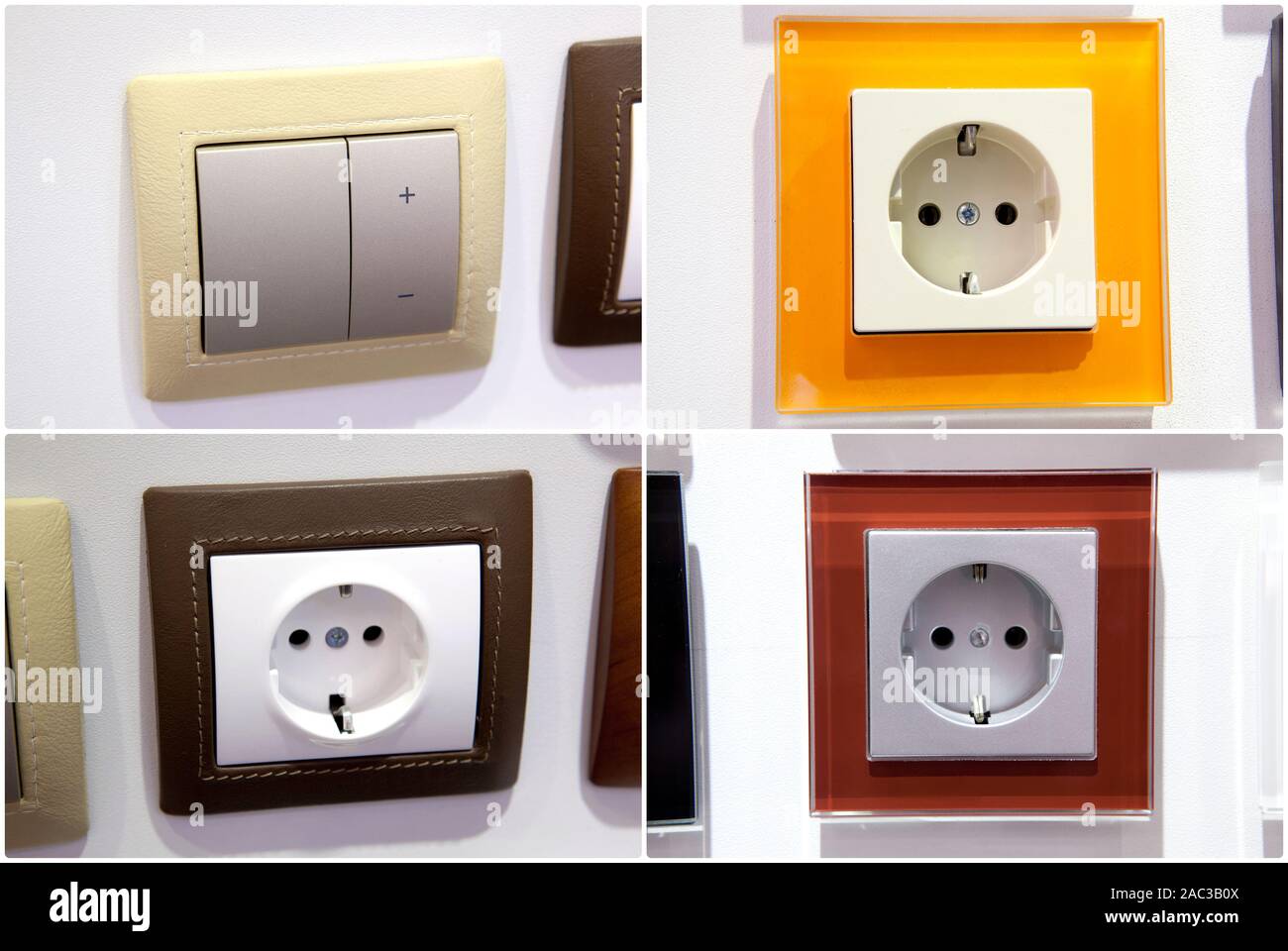 Set of photos. Modern European standard electrical outlet on the wall ...