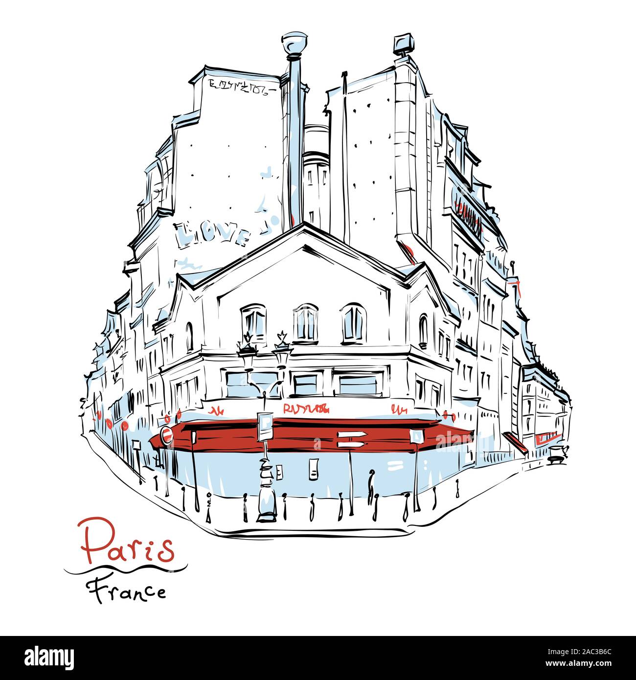 Vector hand drawing. Typical parisain house with cafe, Paris, France ...