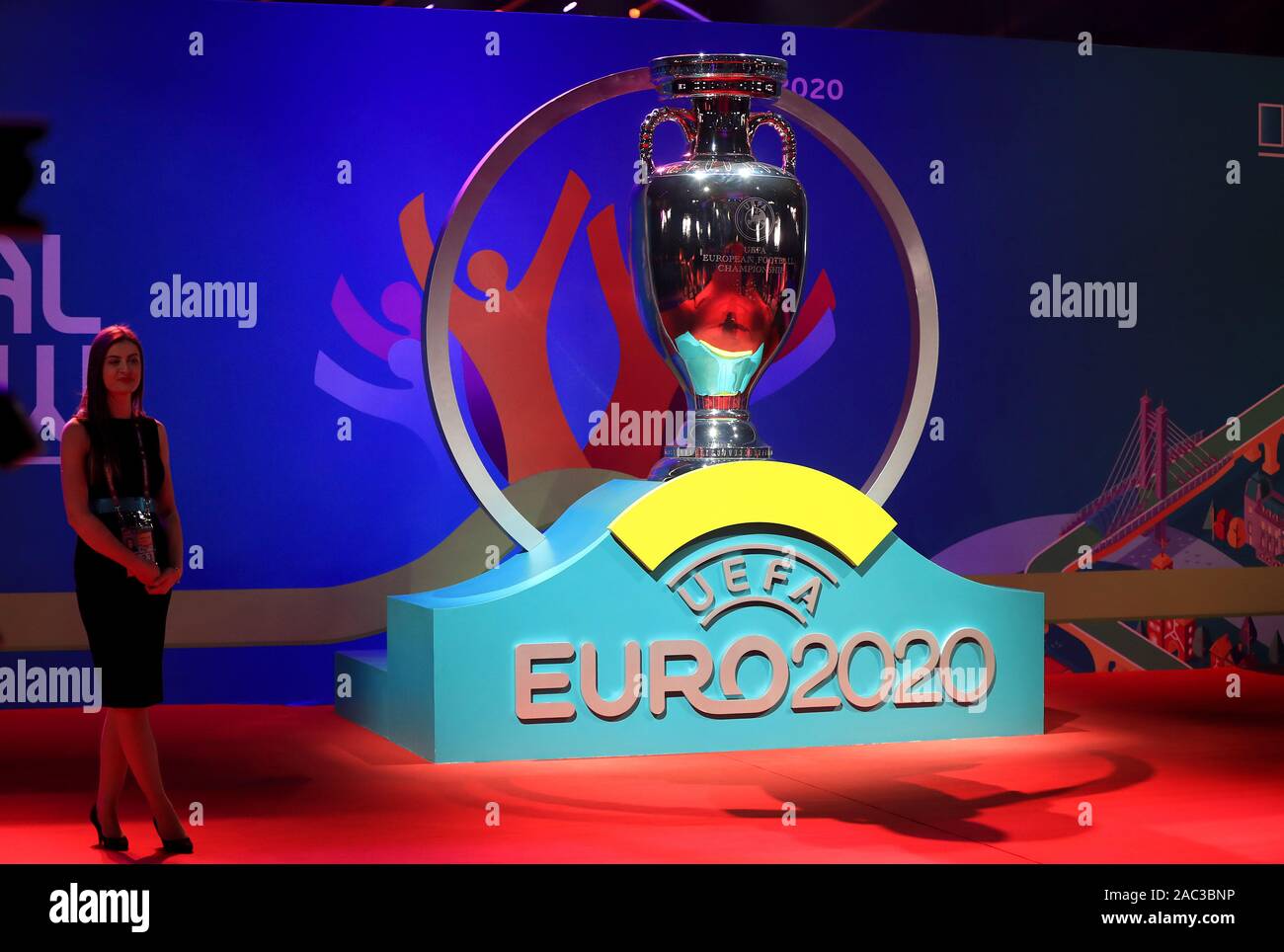 A view of a giant Euro 2020 trophy during the Euro 2020 Draw at the ...